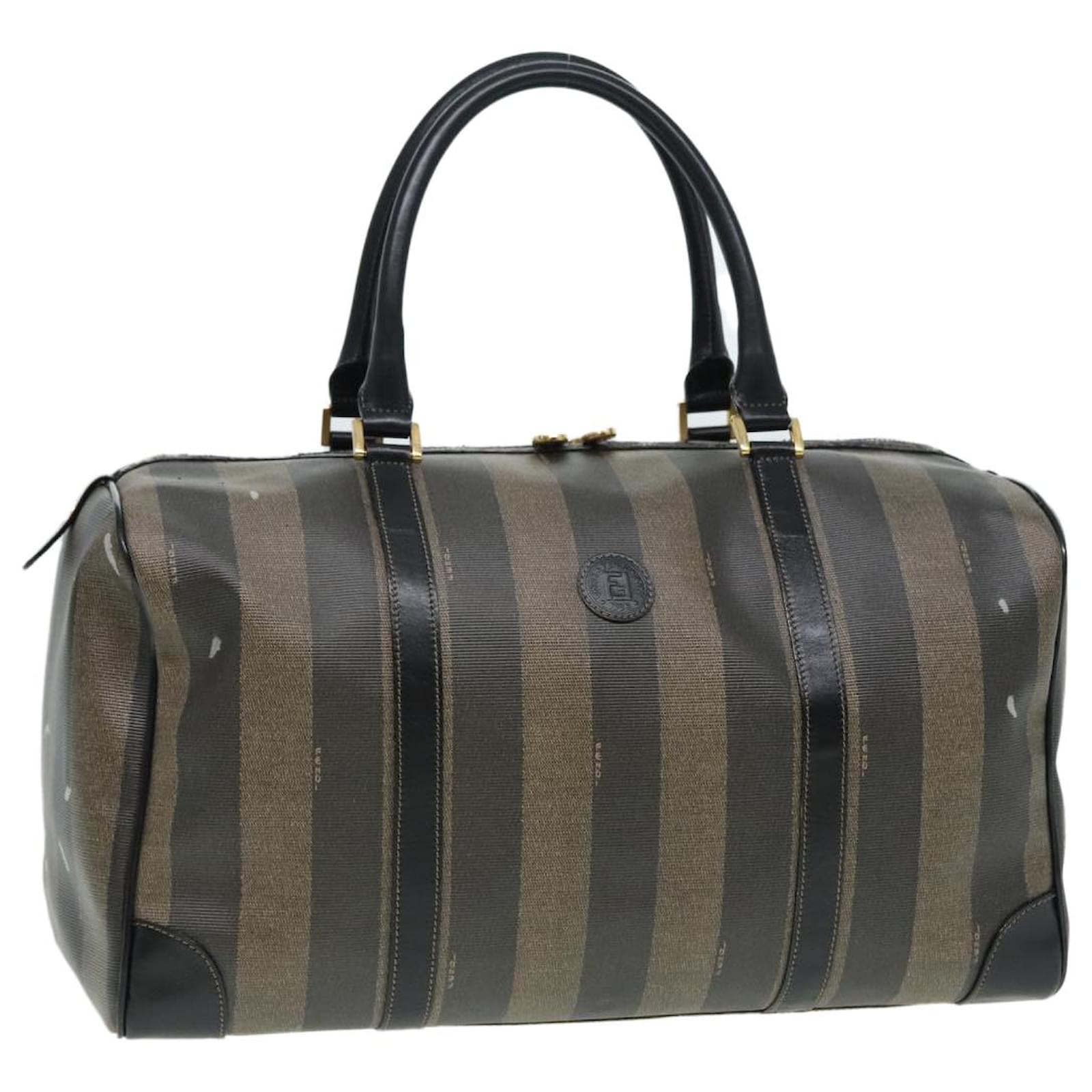 Pequin FENDI Pecan Canvas Boston Bag Brown Black Auth bs16368 Nylon ref ...