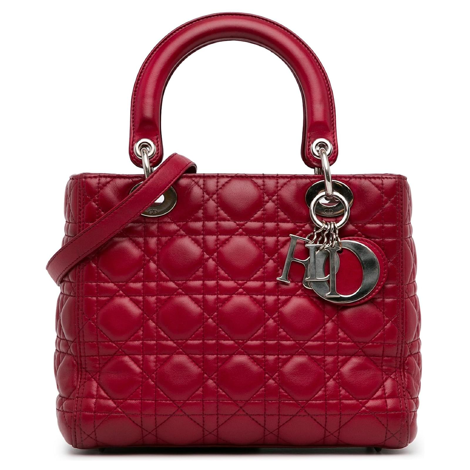 Red Dior Medium Lambskin Cannage Lady Dior Satchel Leather ref.1568748 ...