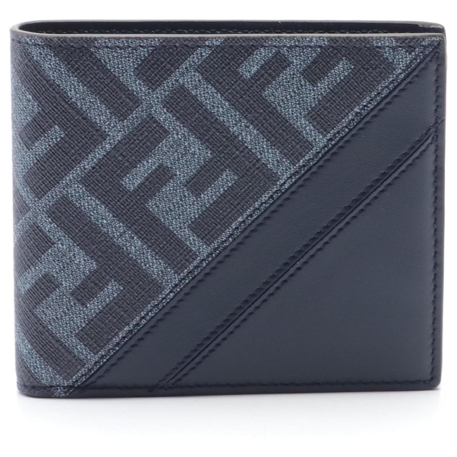 Fendi Diagonal Zucca Bi-fold Wallet Navy blue Leather Plastic ref ...