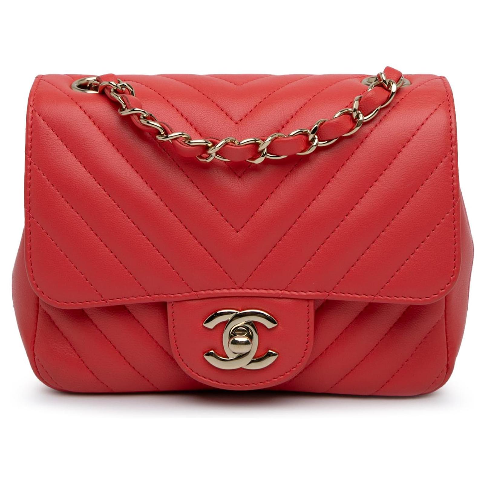 Chanel Red Mini Square Classic Lambskin Chevron Flap Leather ref ...