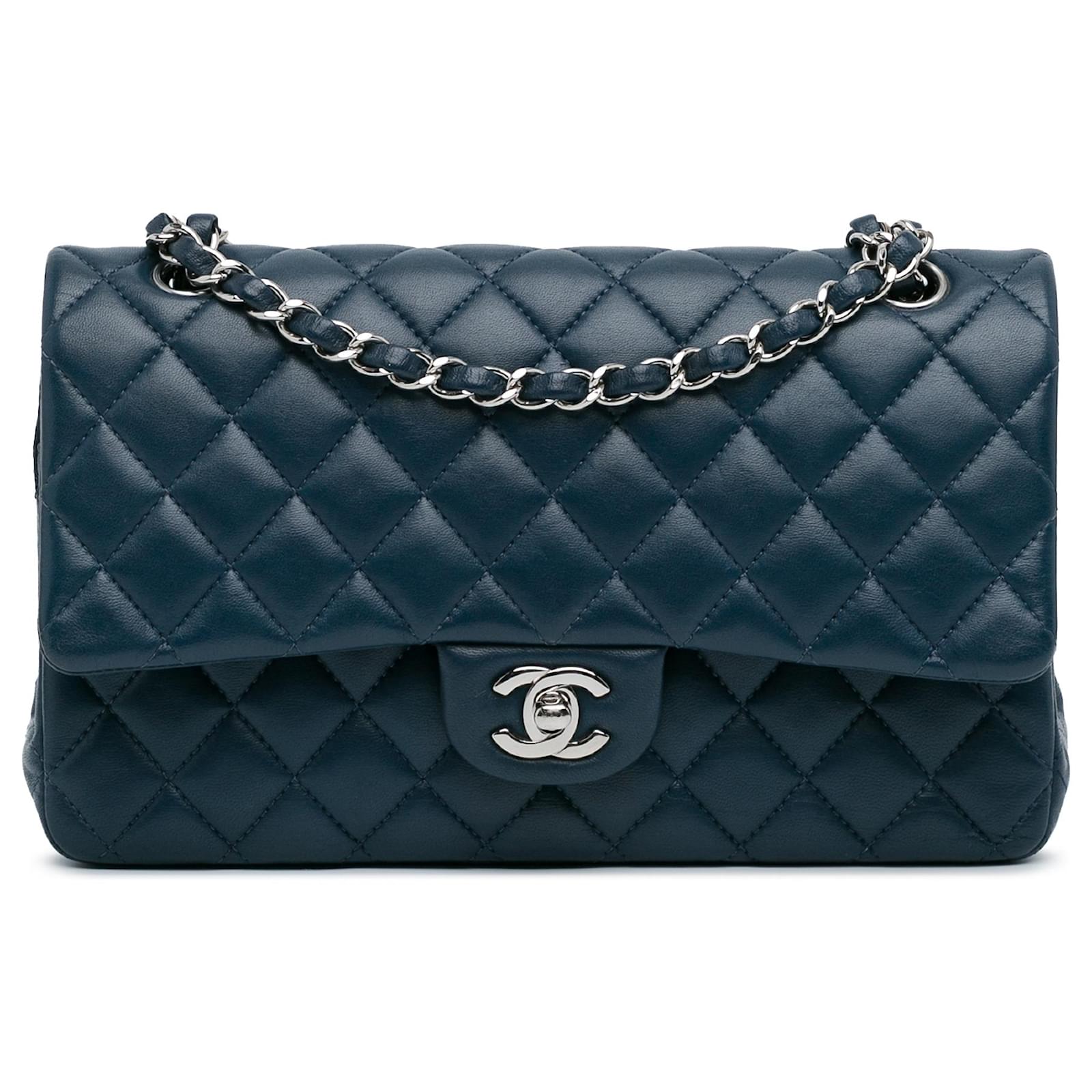 Chanel Blue Medium Classic Lambskin Double Flap Dark blue Leather ref ...