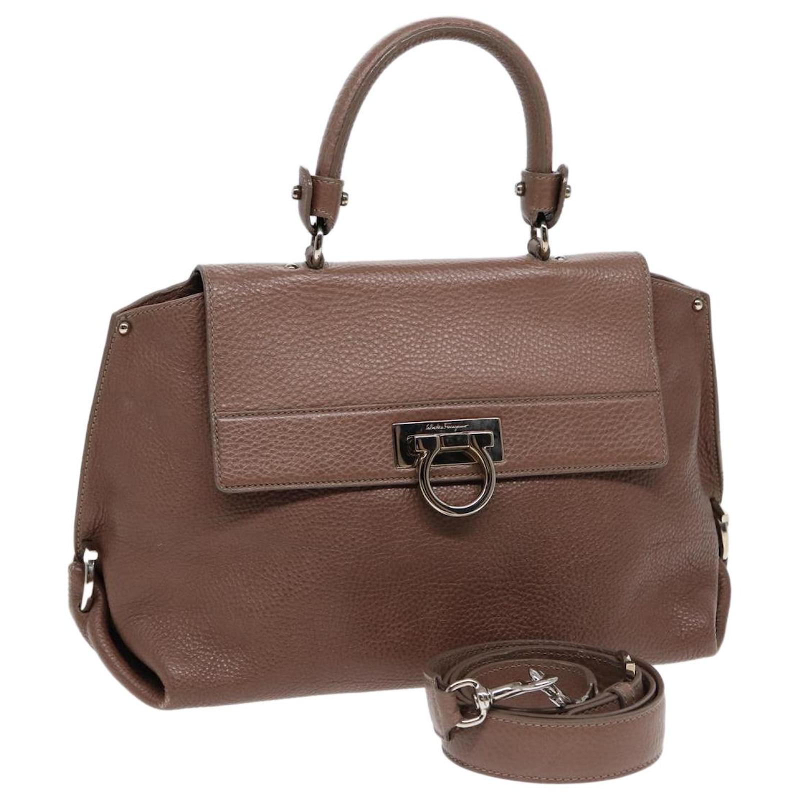 Salvatore Ferragamo Gancini Sofia Hand Bag Leather 2way Brown Silver Auth 86595 Silvery ref ...