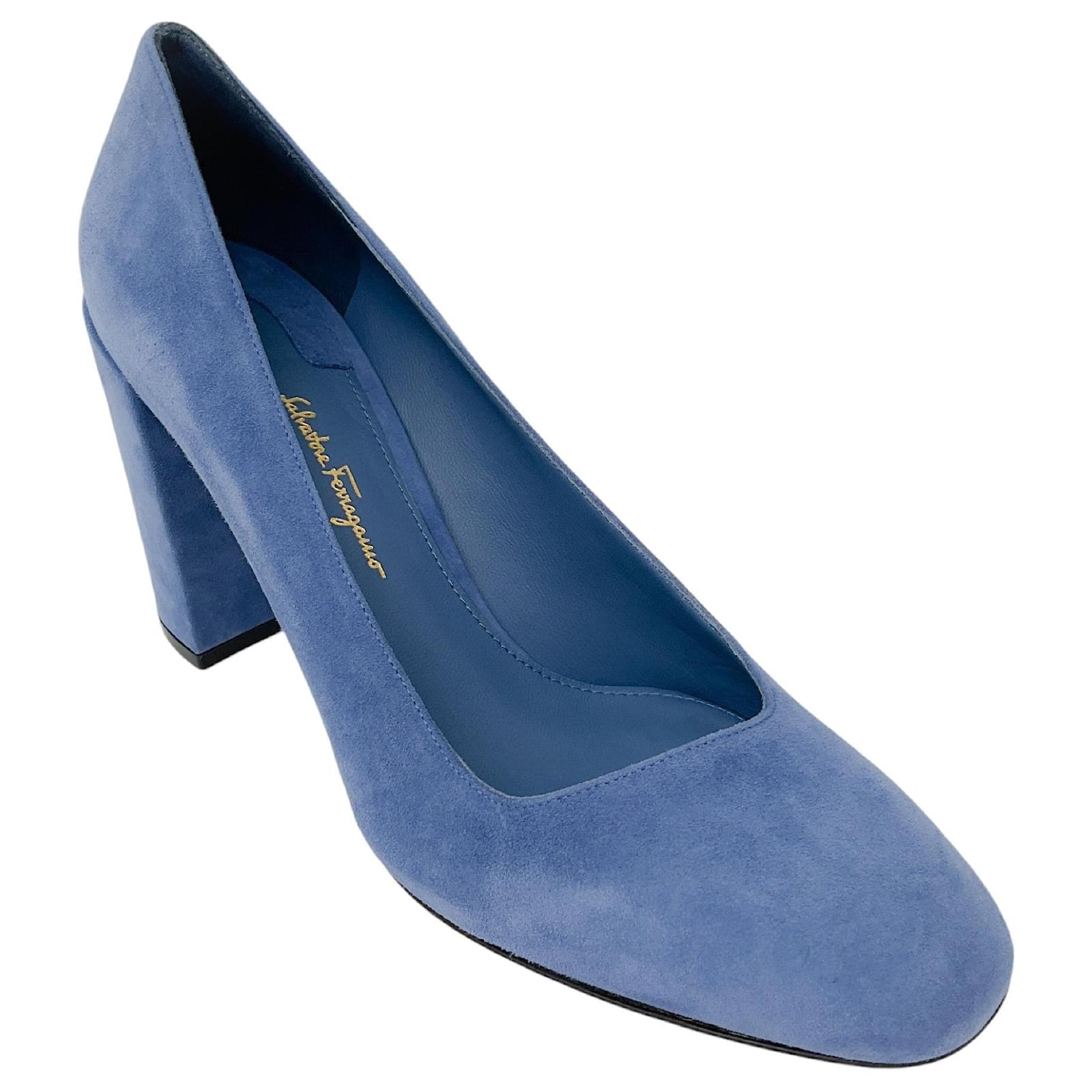 Salvatore Ferragamo Blue Round Toe Suede Pumps (Sold) - Joli Closet