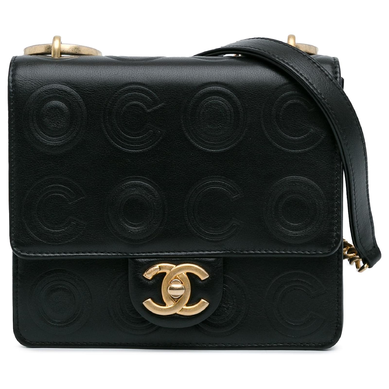 Chanel Black Mini Square Coco Embossed Calfskin Flap Leather Pony-style ...