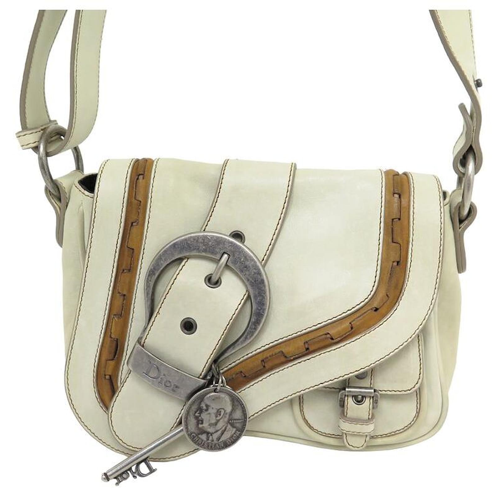 CHRISTIAN DIOR GAUCHO DOUBLE SADDLE PM ECRU LEATHER HAND BAG PURSE ...