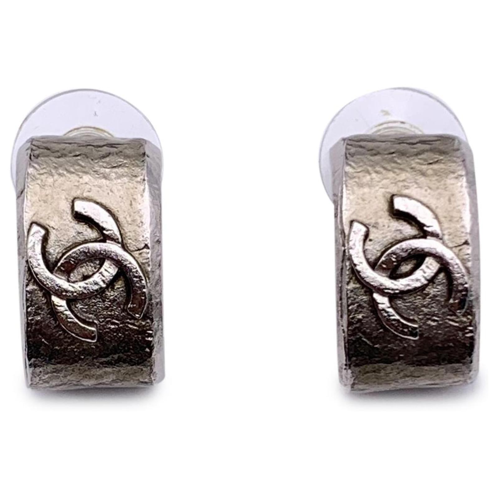 Chanel Silver Metal Semi Hoop CC Logo Earrings Piercing Ears Silvery ...