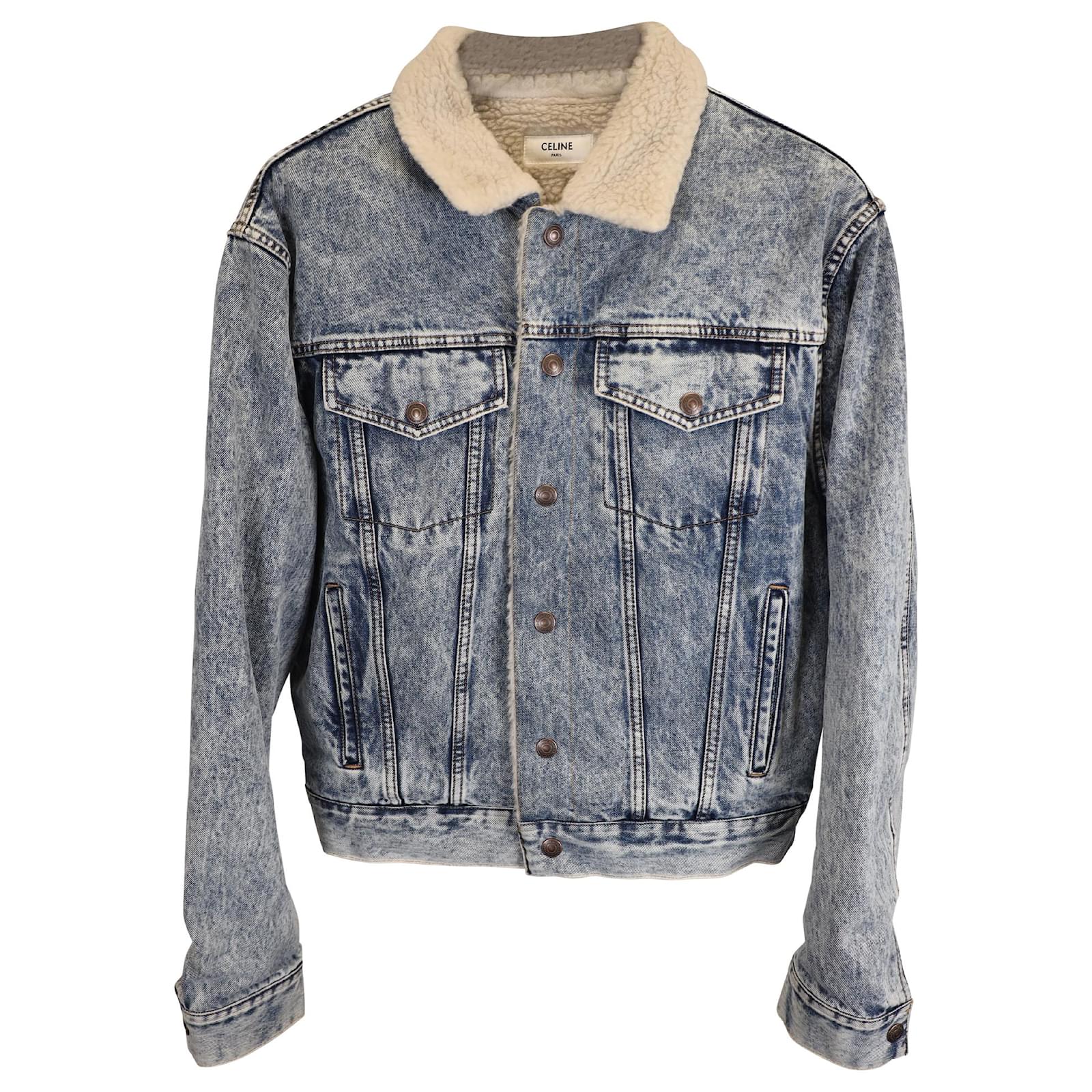 Celine Oversized Shearling Lined Bleached Denim Jacket in Light Blue Cotton