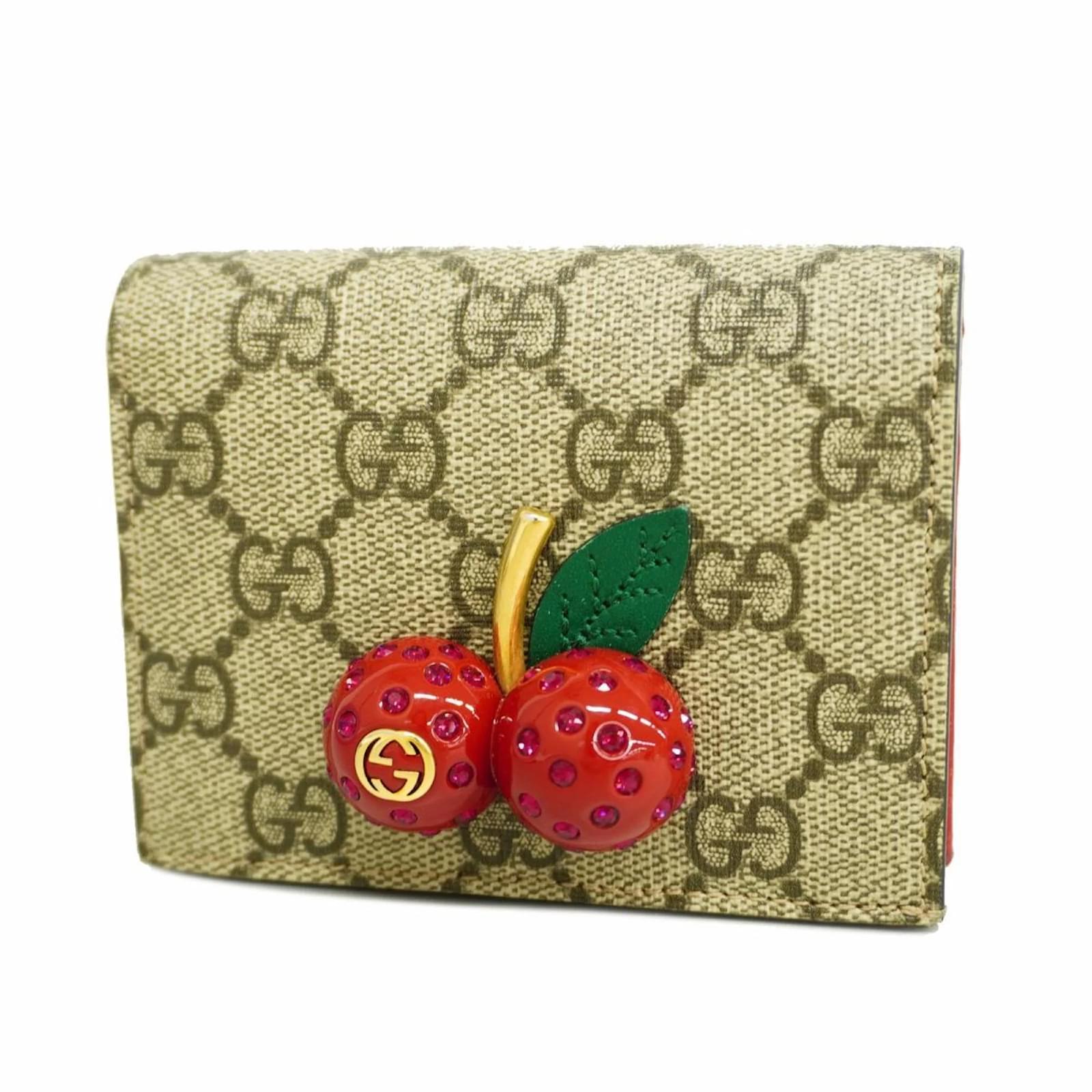 Gucci GG Supreme Cherry Bi-Fold Wallet Brown Red Leather Plastic ref ...