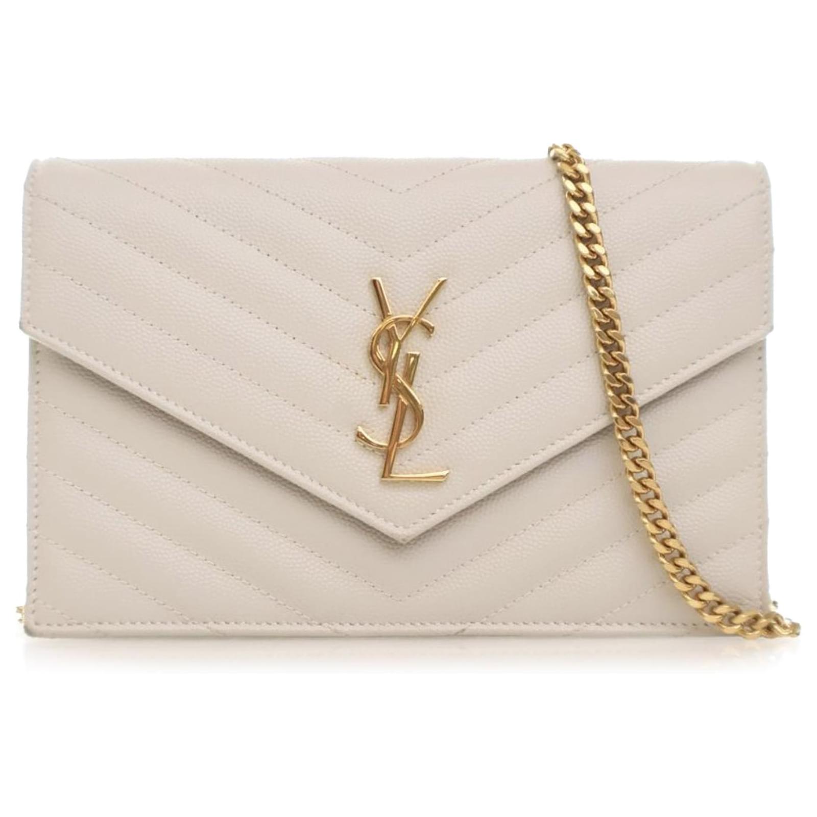 Saint Laurent White Grain De Poudre Cassandre Envelope Wallet on Chain ...