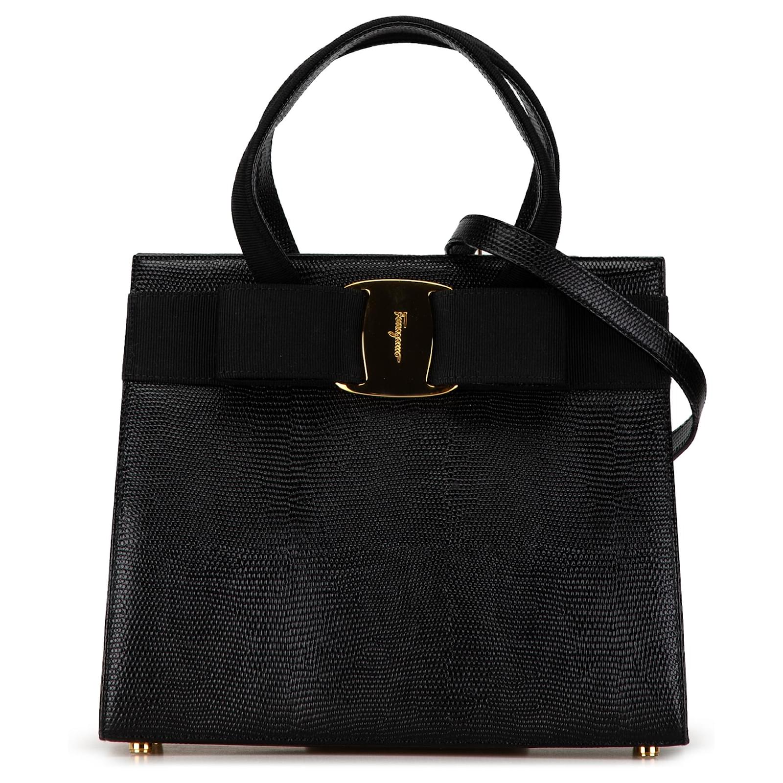 Salvatore Ferragamo Ferragamo Black Lizard Embossed Vara Bow Satchel ...