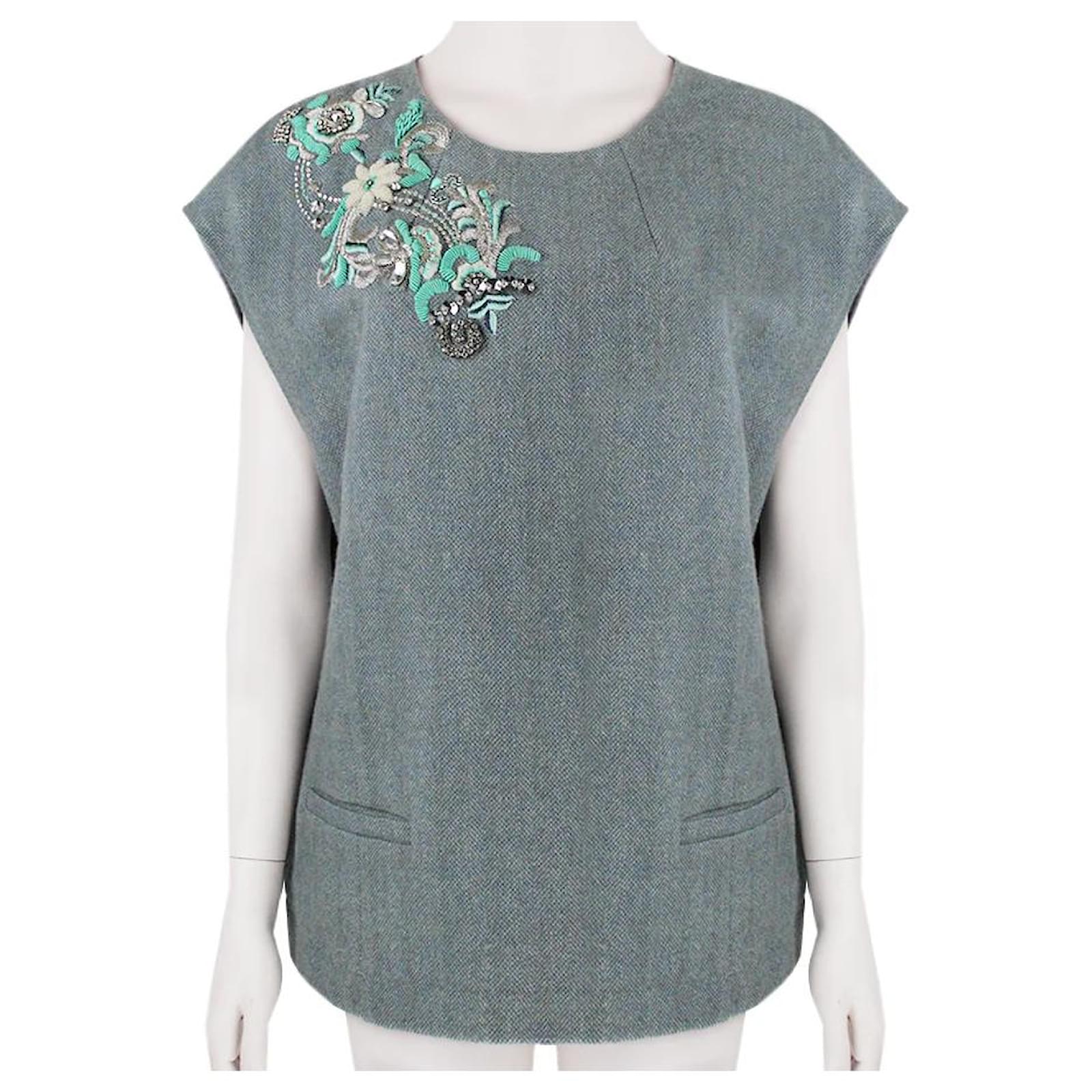 Dries Van Noten Pale Teal Beaded & Embroidered Tweed Smock Top Dark ...
