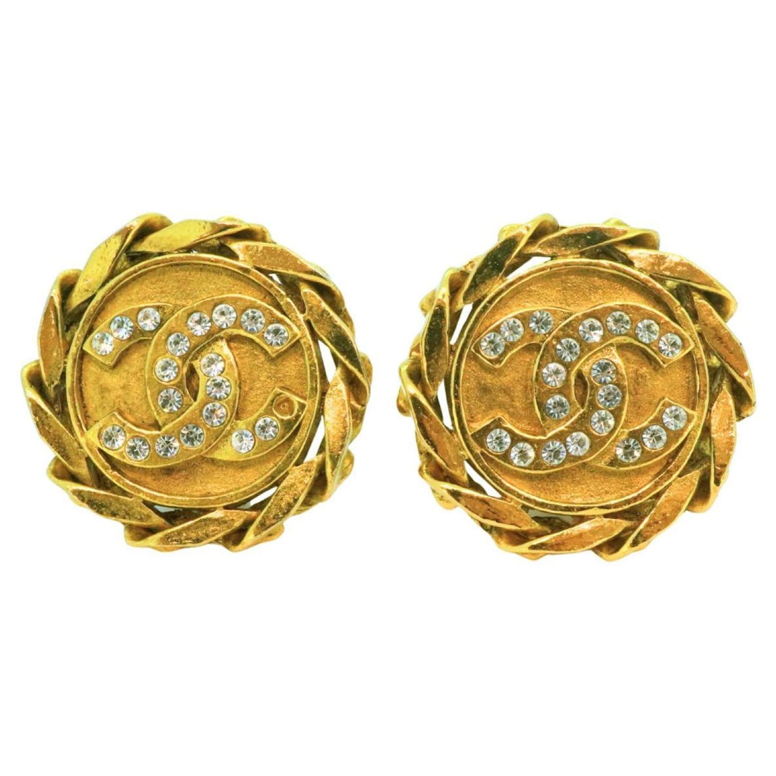 Chanel Coco Mark Circle Rhinestone Clip Earrings Gold-plated ref ...