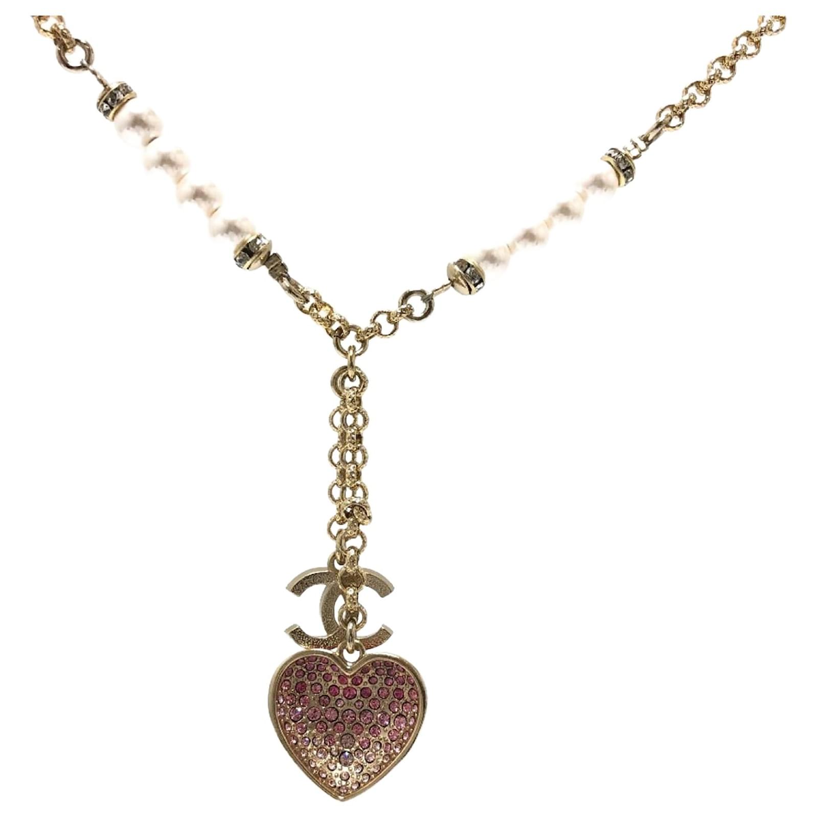 Chanel 23P Heart Fake Pearl CC Coco Mark Chain Necklace Pink Golden ...