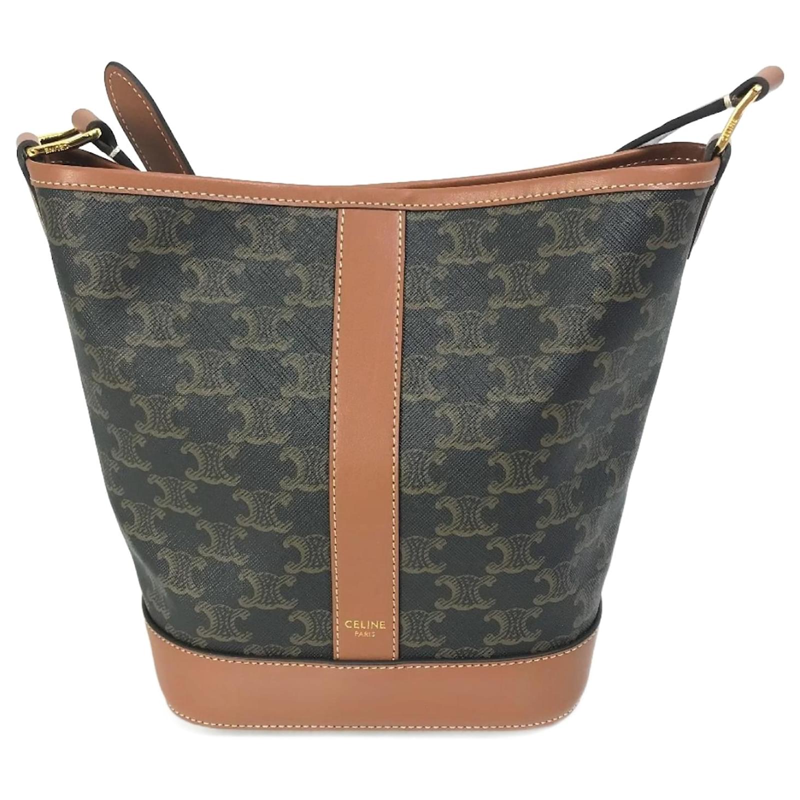 Céline Celine Triomphe Canvas Small Bucket Shoulder Bag Brown Leather ...