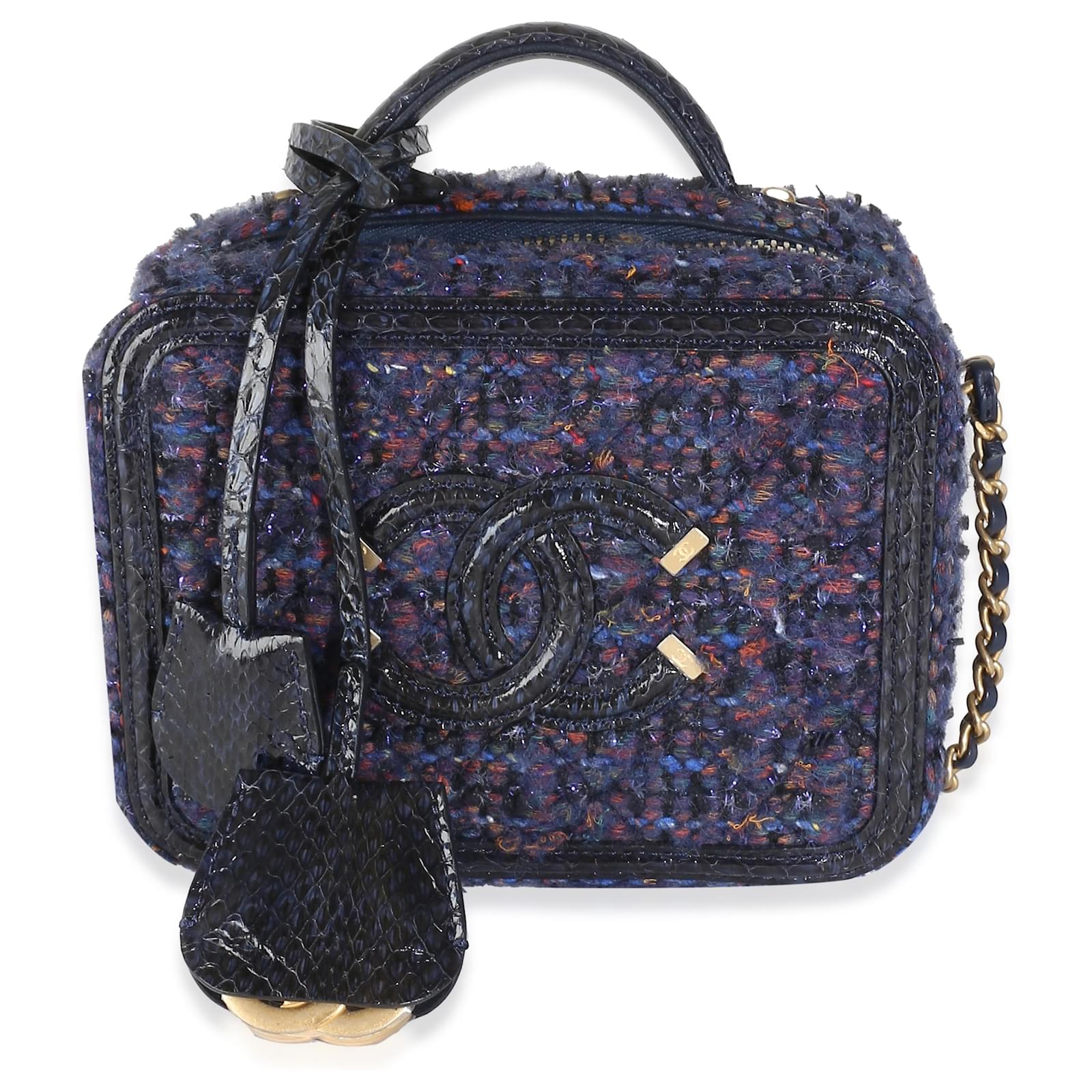 Chanel Navy Tweed Python Small CC Filigree Vanity Case Blue Leather ...