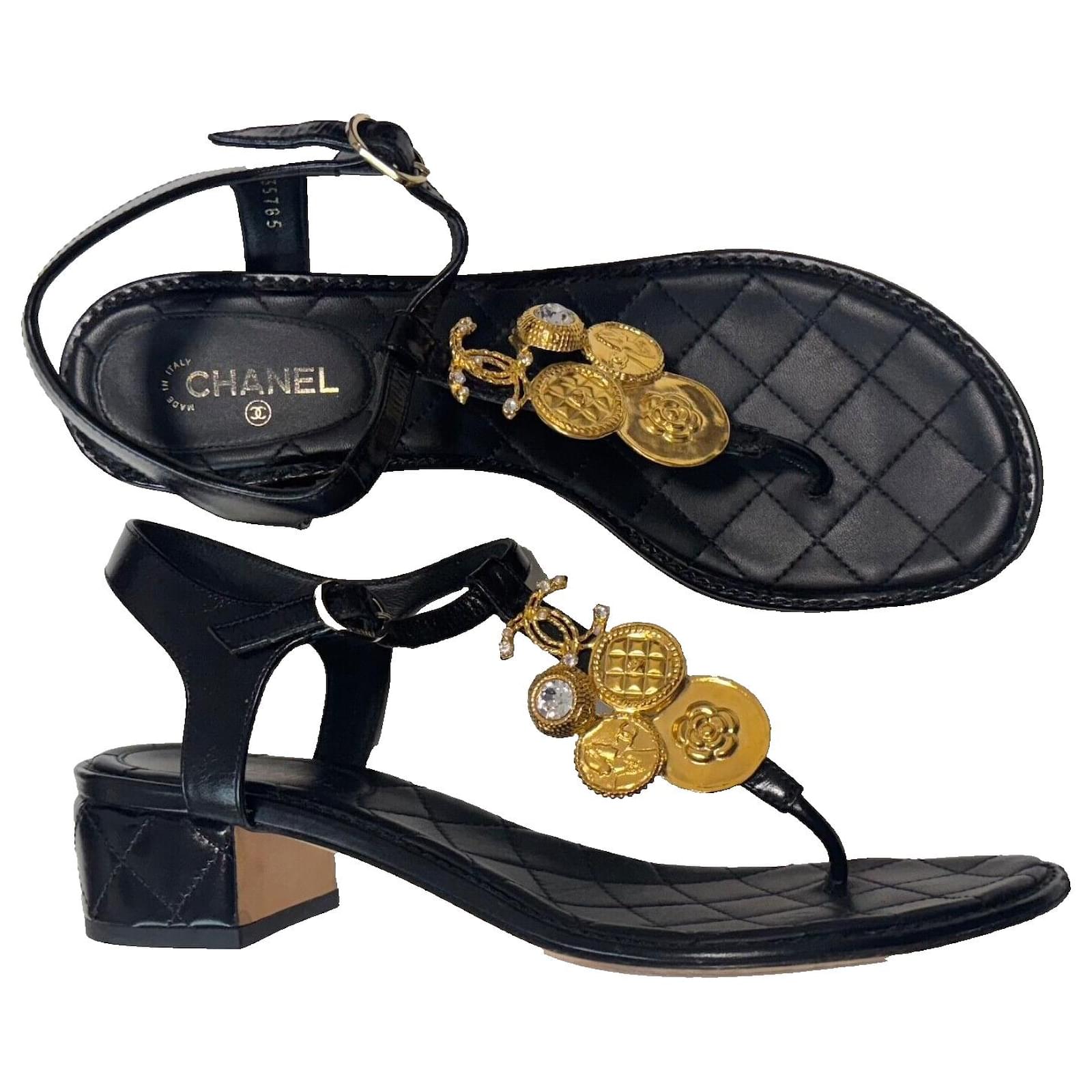 Chanel Thong Medallion Sandals, Rare! Black Gold hardware Leather Metal ...