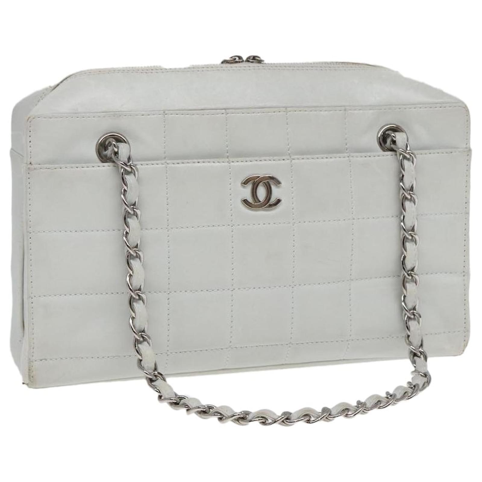 CHANEL Choco Bar Chain Hand Bag Leather White Silver CC Auth yk14303 ...