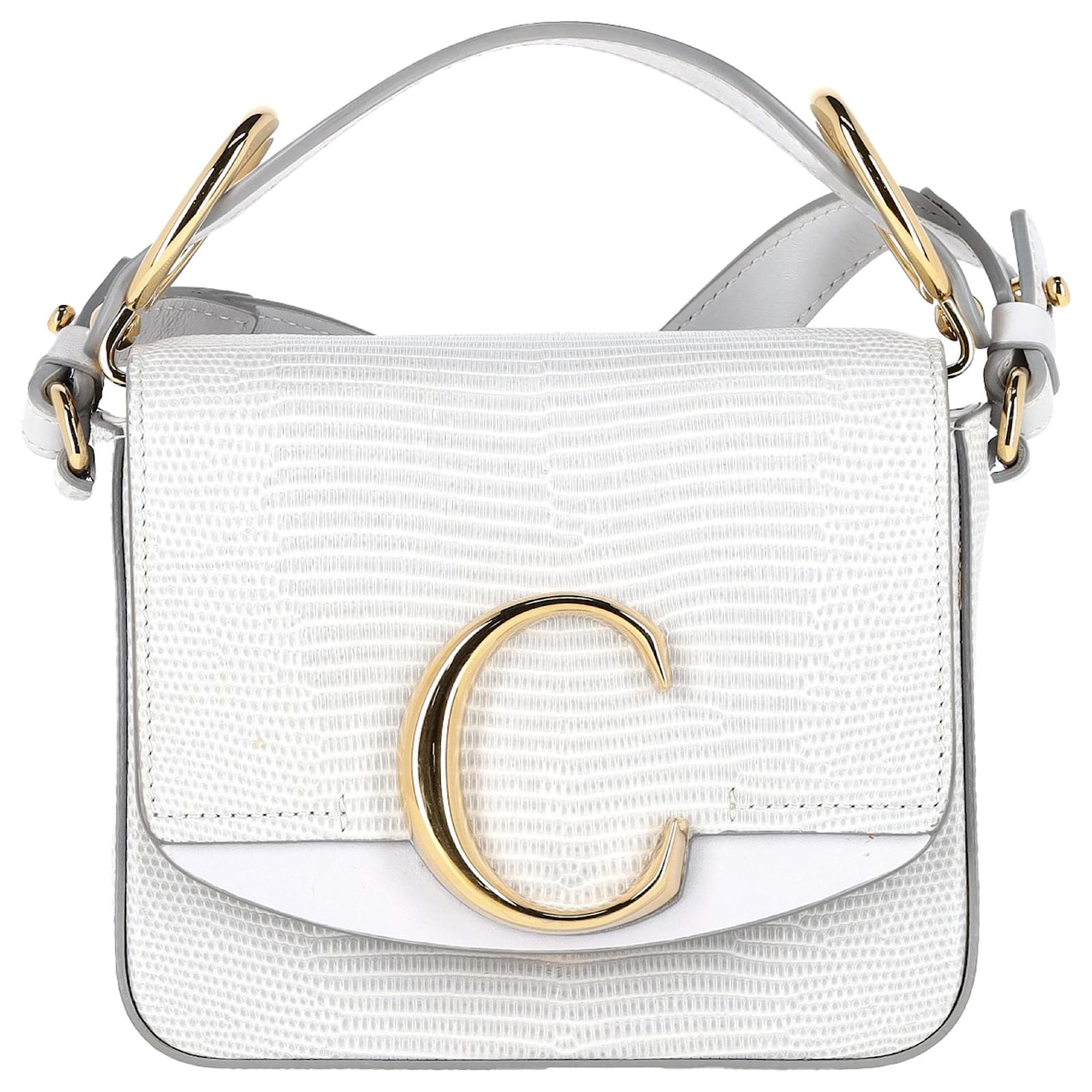 Chloé C Mini Lizard Embossed Top Handle Bag in White Leather ref ...