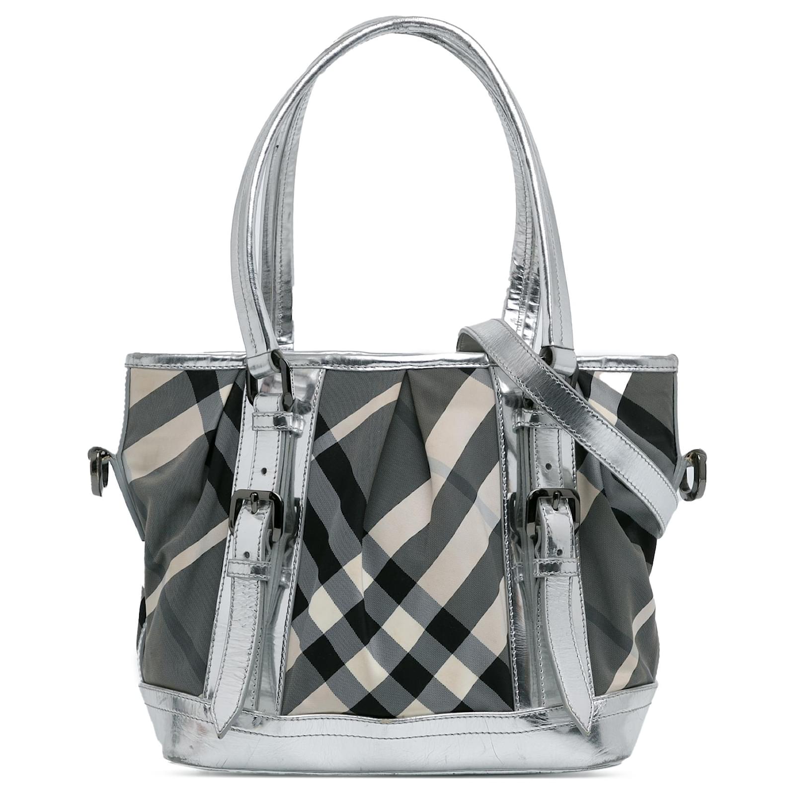 Burberry Gray Beat Check Nylon Lowry Satchel Patent leather Cloth ref ...