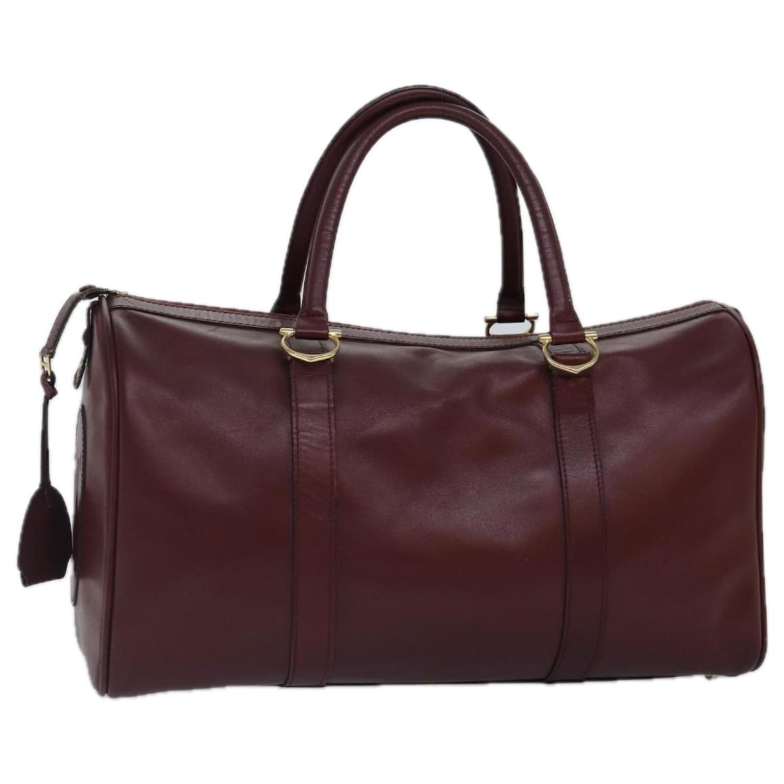 CARTIER Boston Bag Leather Bordeaux Gold Auth bs16976 Golden Dark red ...