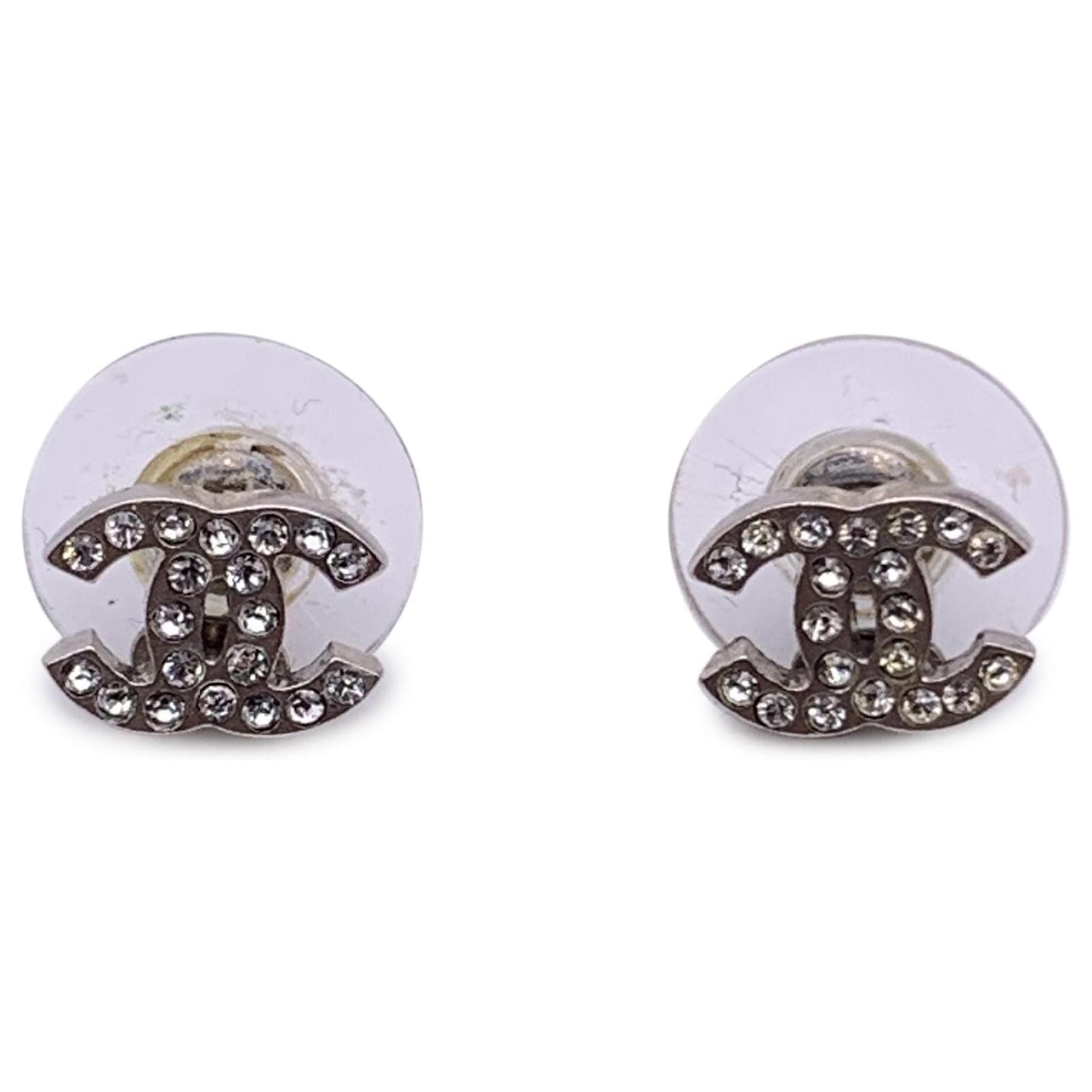Chanel Silver Metal Crystal CC Logo Earrings For Pierced Ears Silvery ...