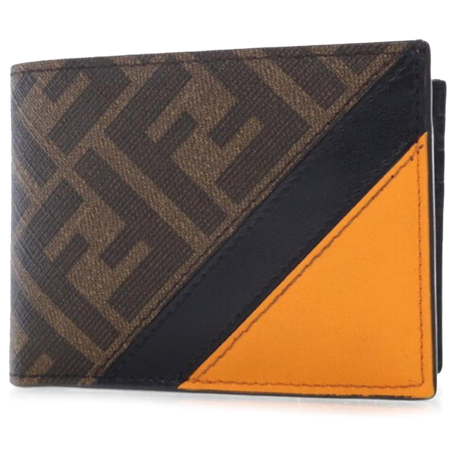 Fendi Brown Diagonal Bifold Wallet Orange Leather Cloth Pony-style ...