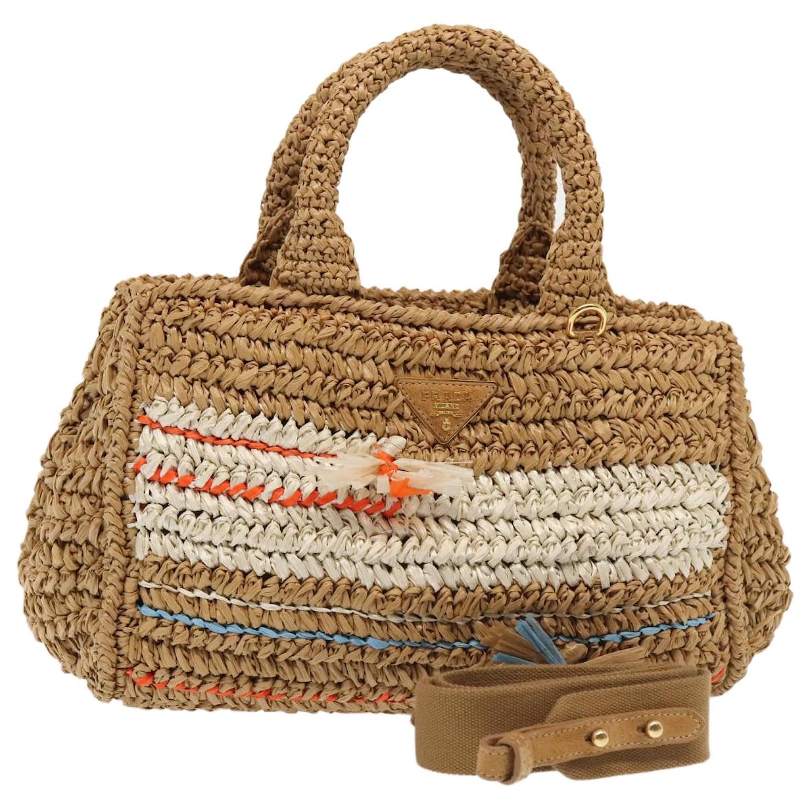 PRADA Canapa Hand Bag Raffia 2way Beige Gold Auth 88099 Golden Cloth ...