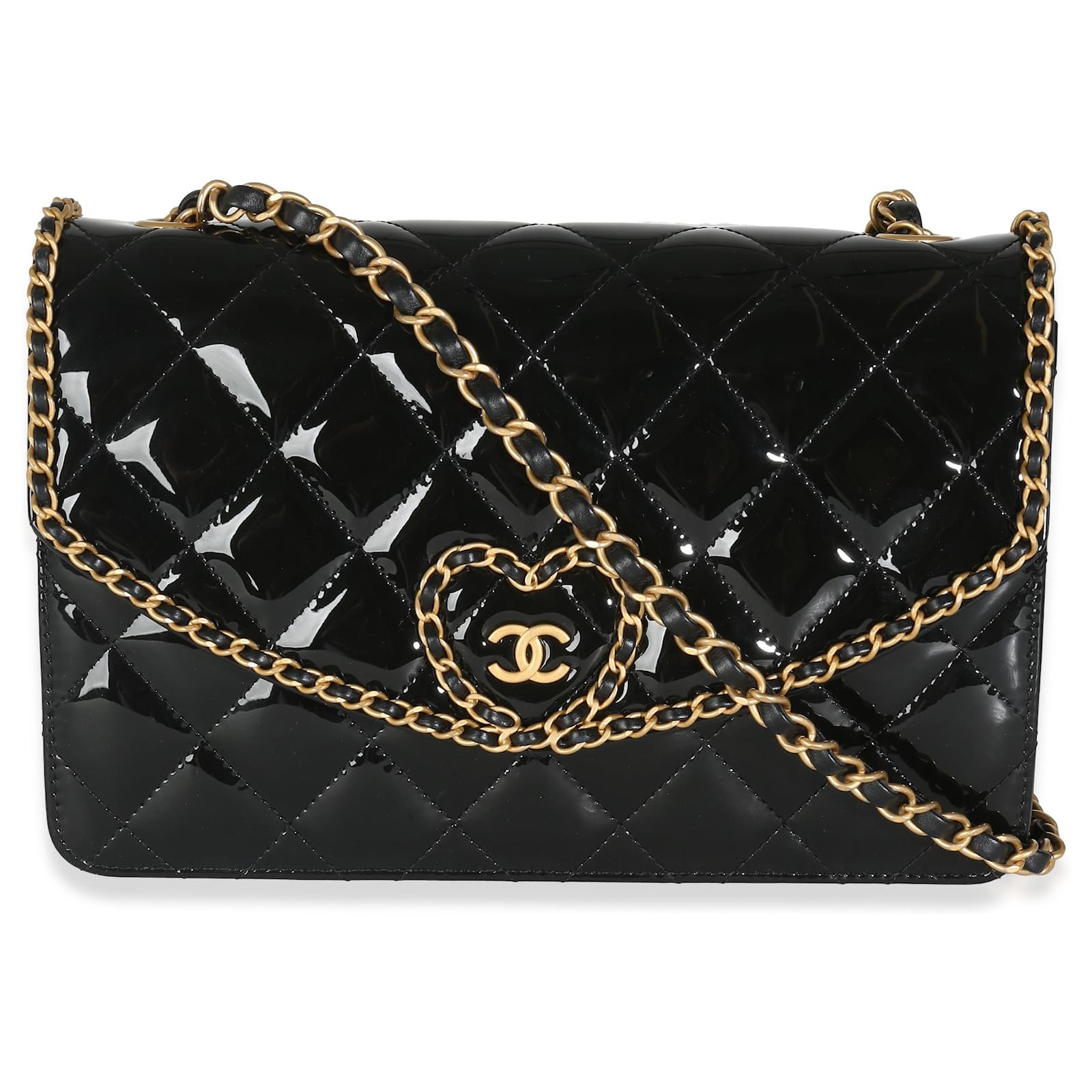 Timeless Chanel 24A Black Quilted Patent Chain Around Heart Flap Bag ...
