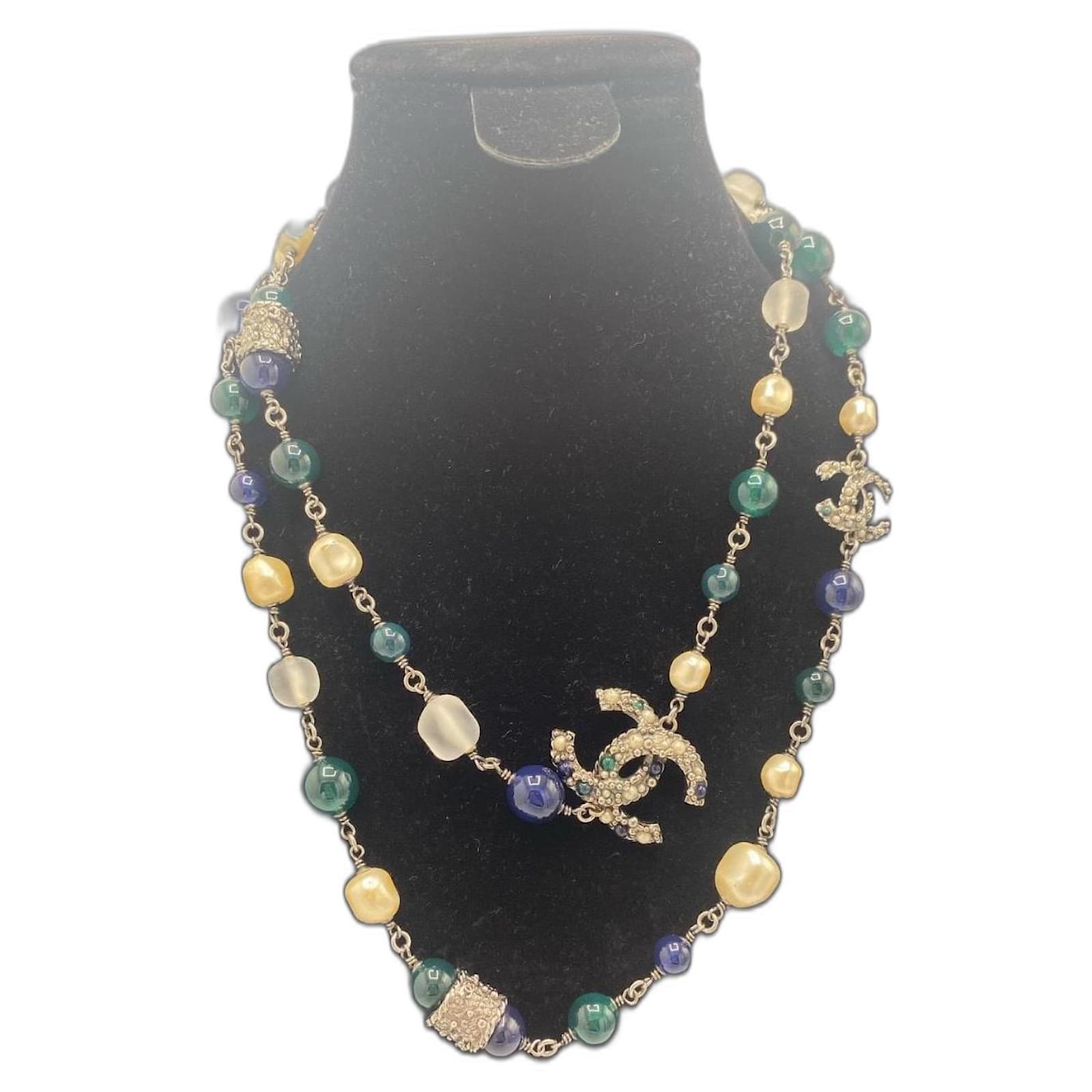 Chanel 11A Long Sautoir CC Necklace Green, Pearl and Blue Nature Motif ...