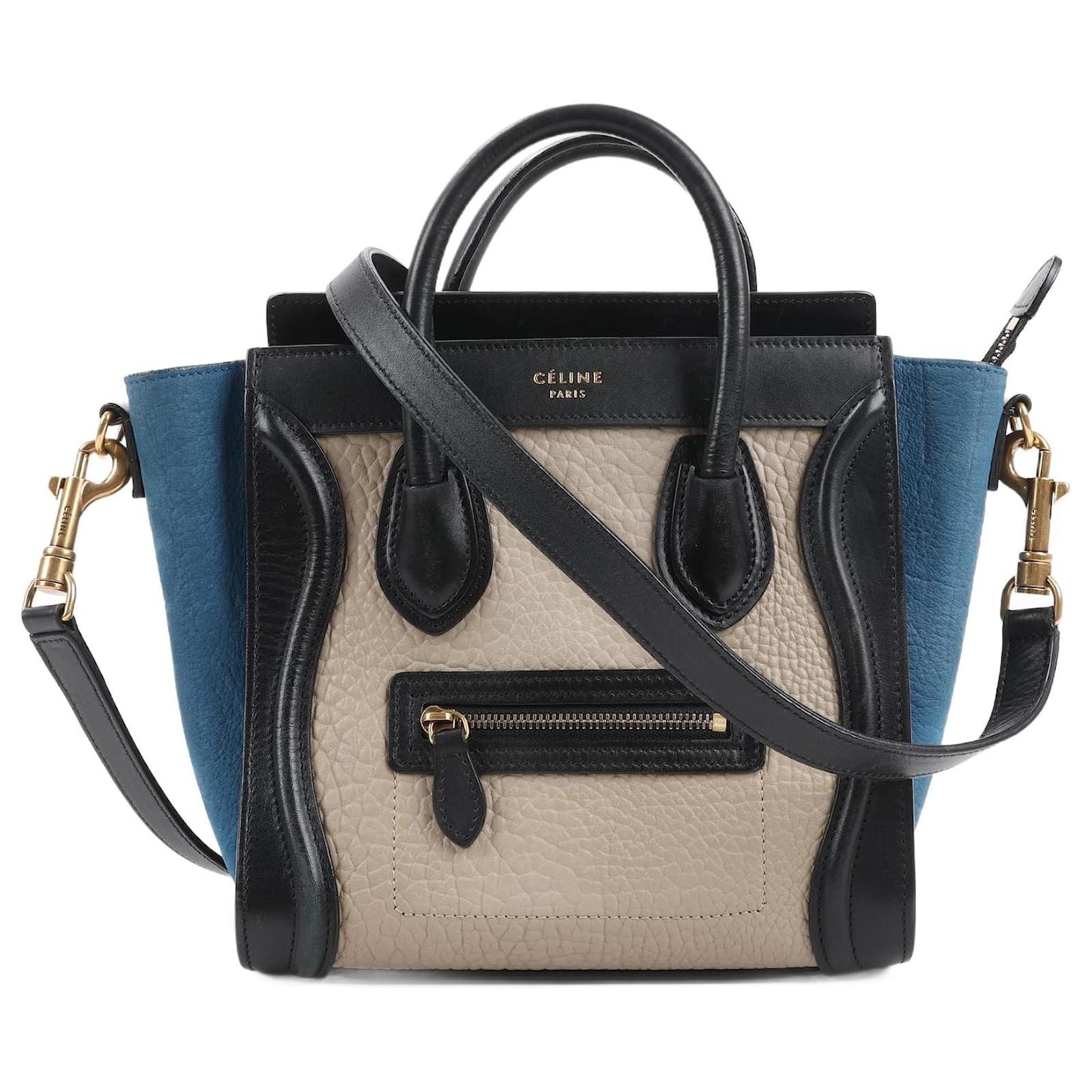 Céline CELINE Nano Luggage Drummed Calfskin Tri-Color 2Way Handbag in Blue x Beige Leather ref ...