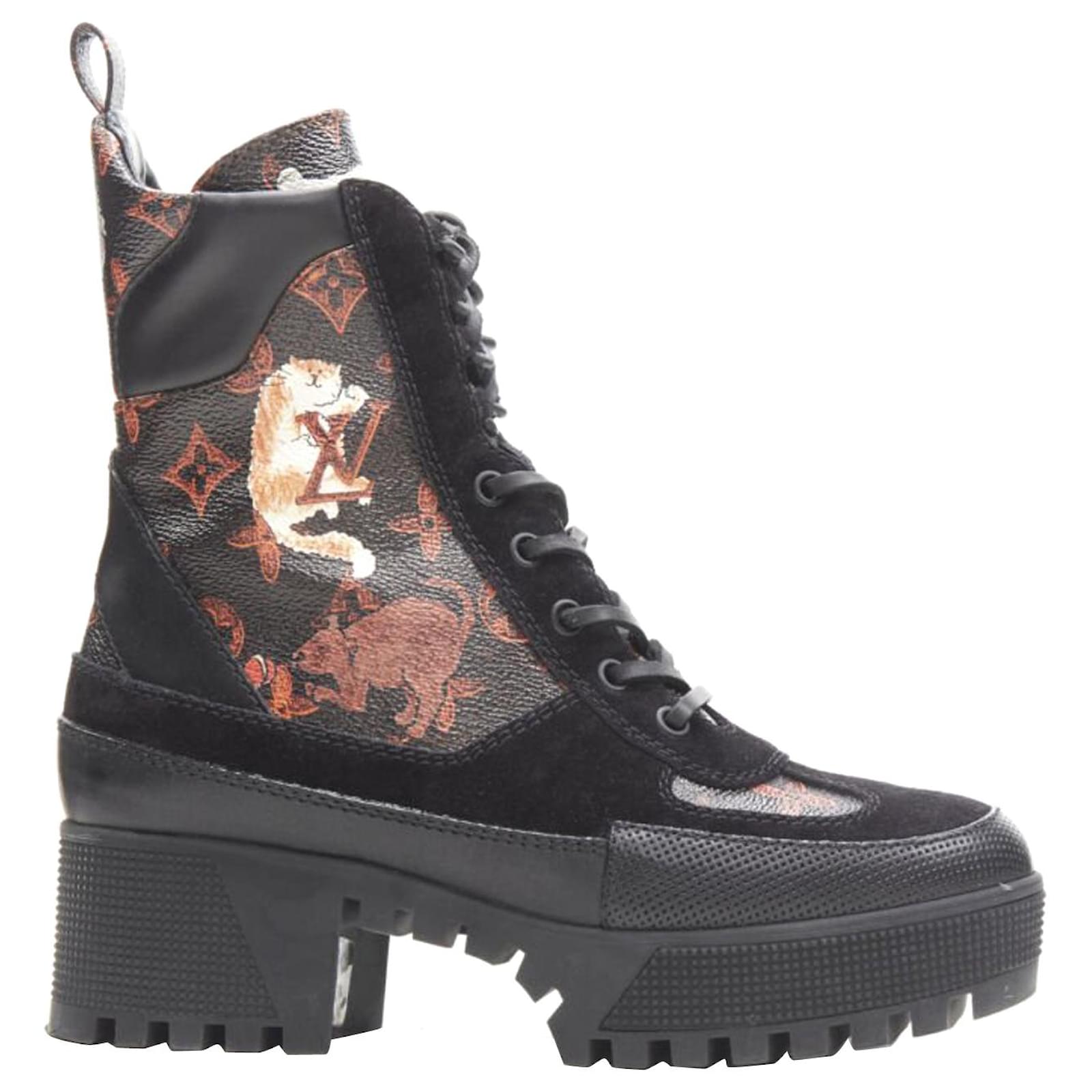 Louis Vuitton Catogram Black Monogram Cat Print Suede Trim Combat Boot ...