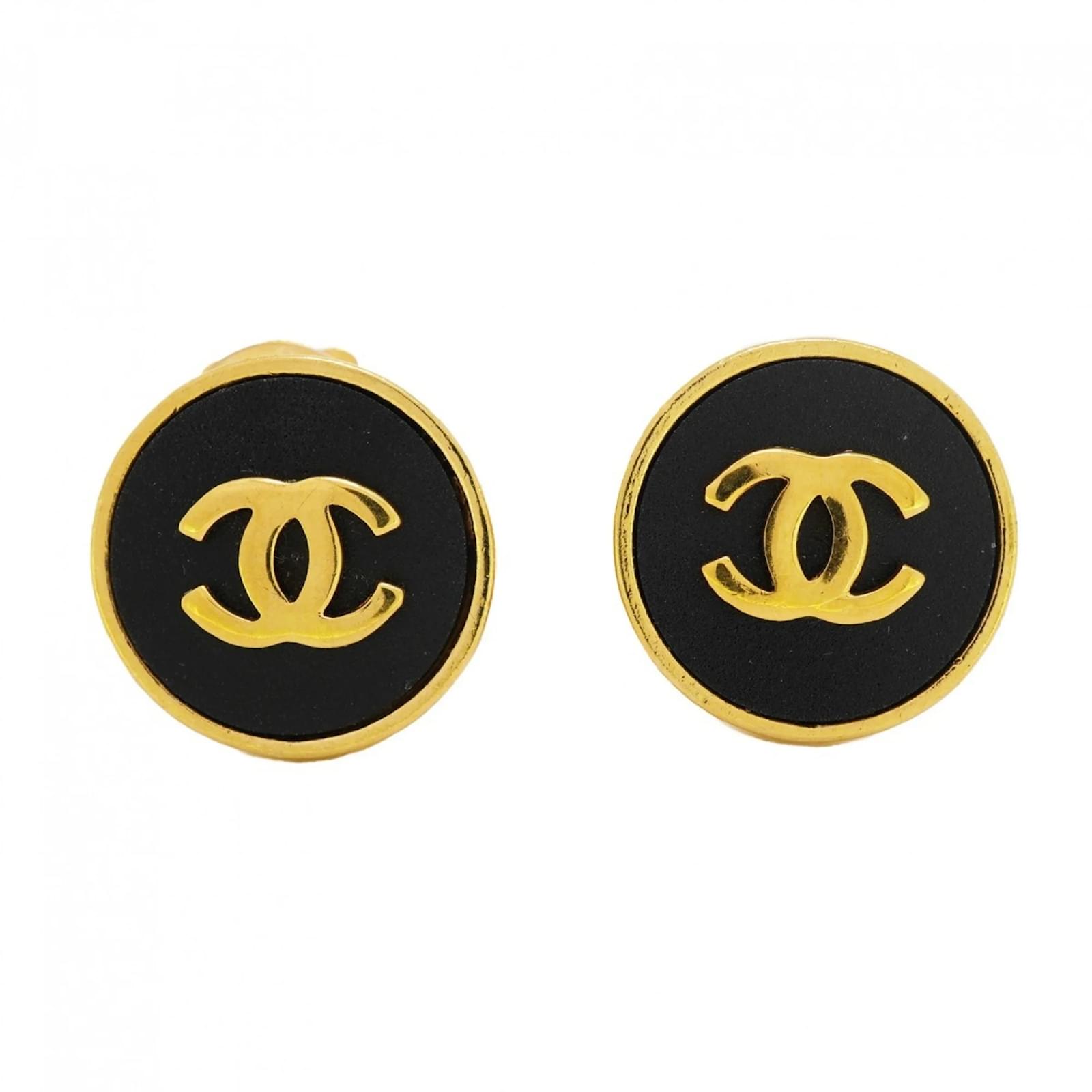 Chanel Coco Mark Circle Clip Earrings Black Golden Gold-plated ref ...