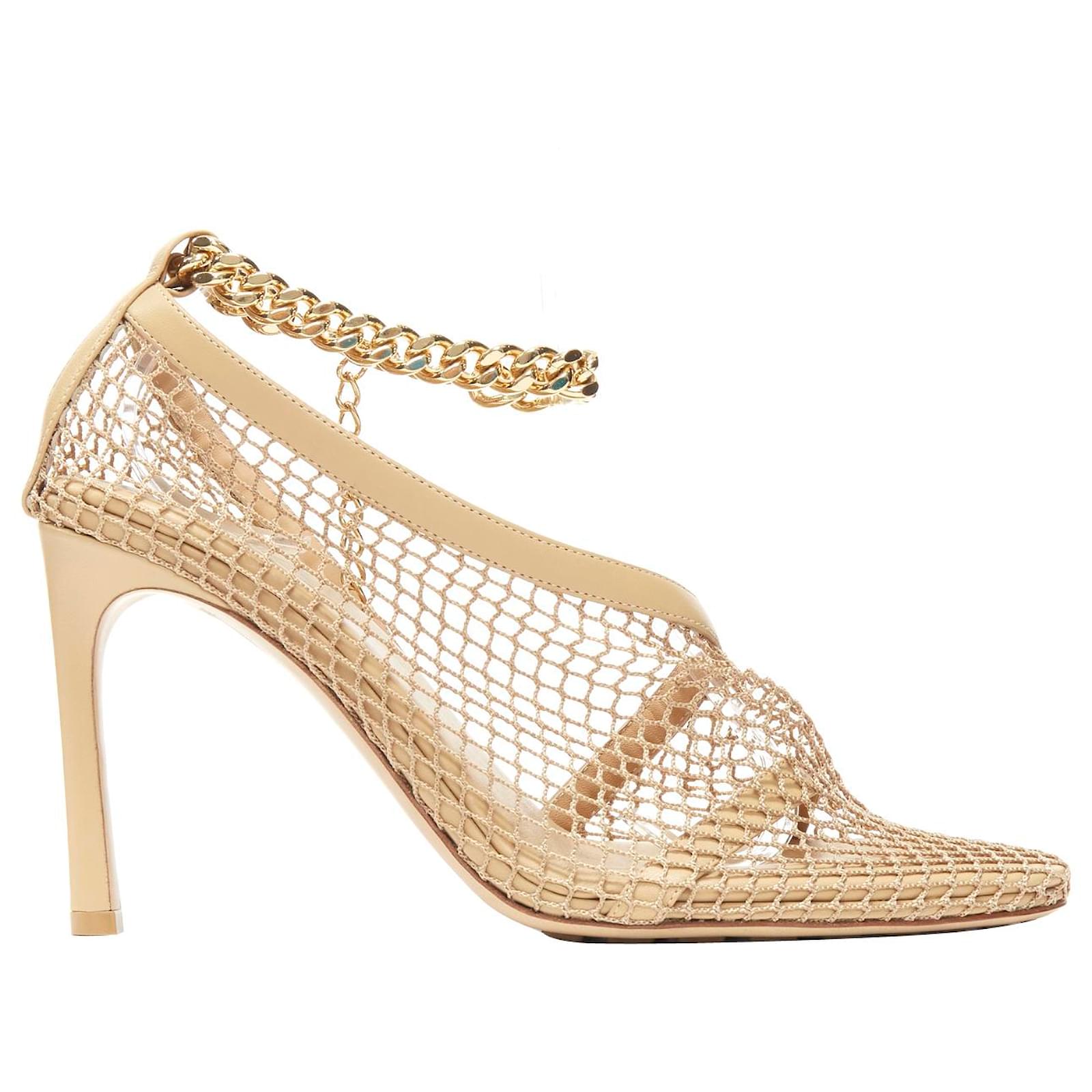 Bottega Veneta Runway Daniel Lee Beige Fishnet Gold Chain High Heel ...