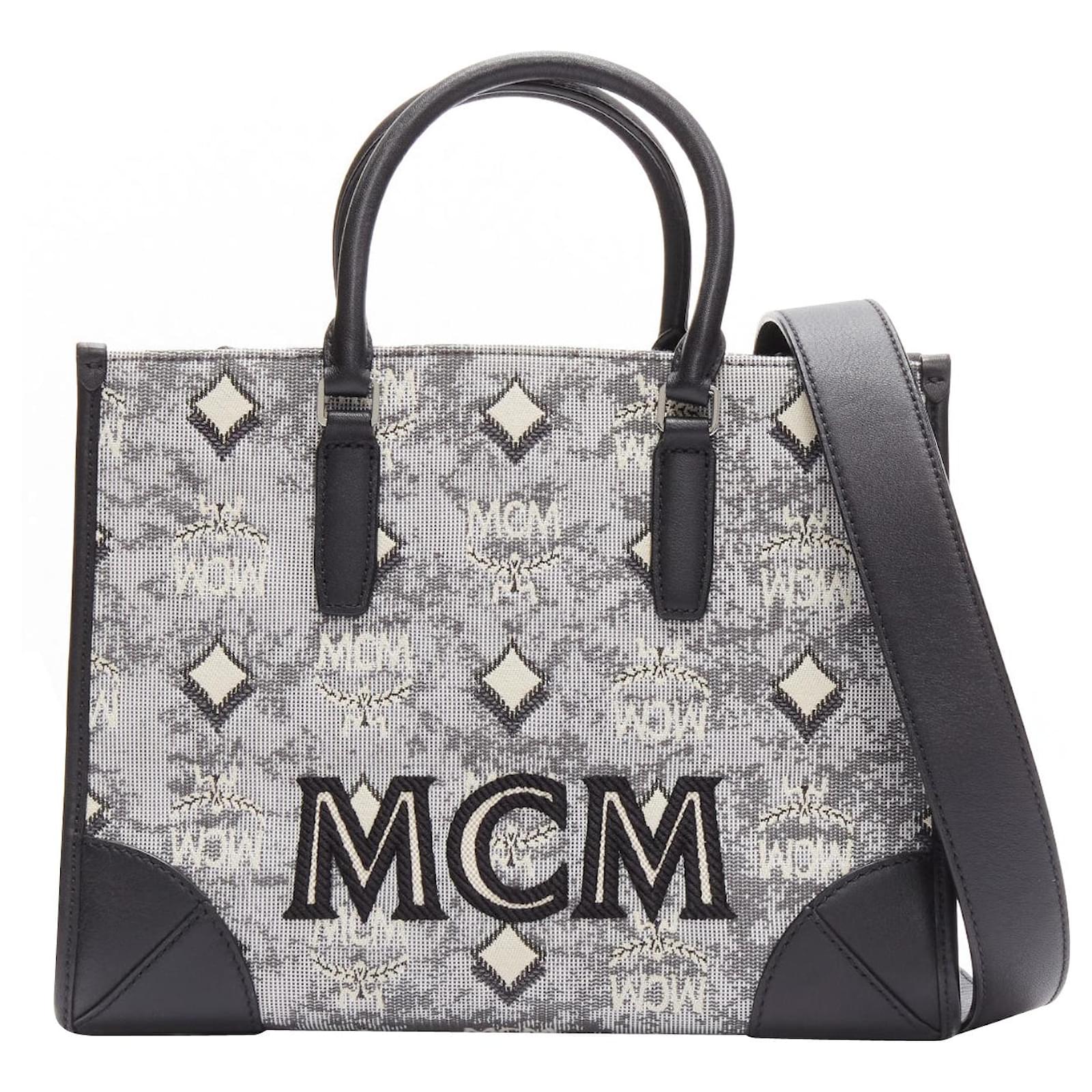 MCM grey vintage logo jacquard canvas embroidery small tote bag Black ...
