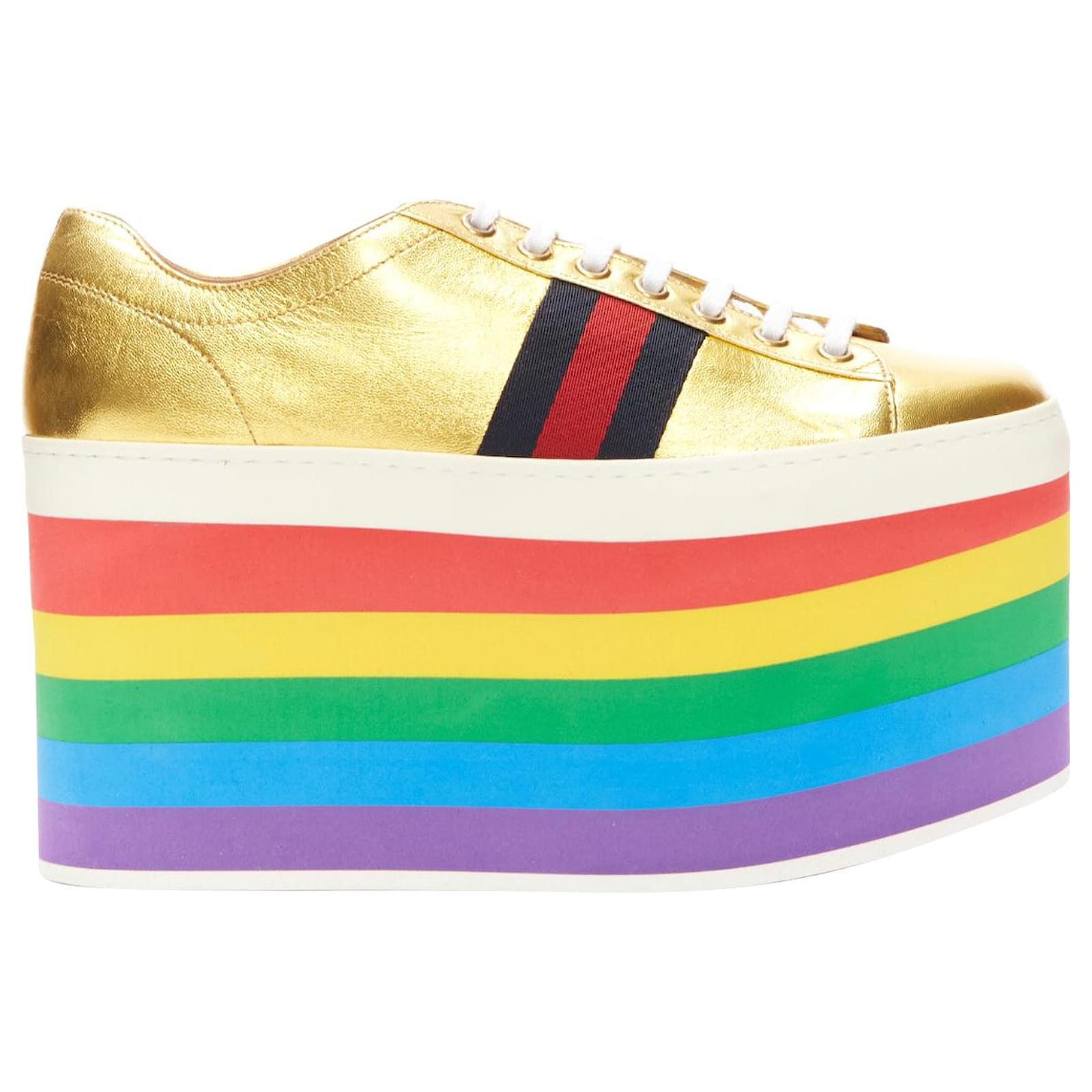 Gucci Alessandro Michele Peggy Rainbow Gold Web Platform Sneakers Eu37 ...