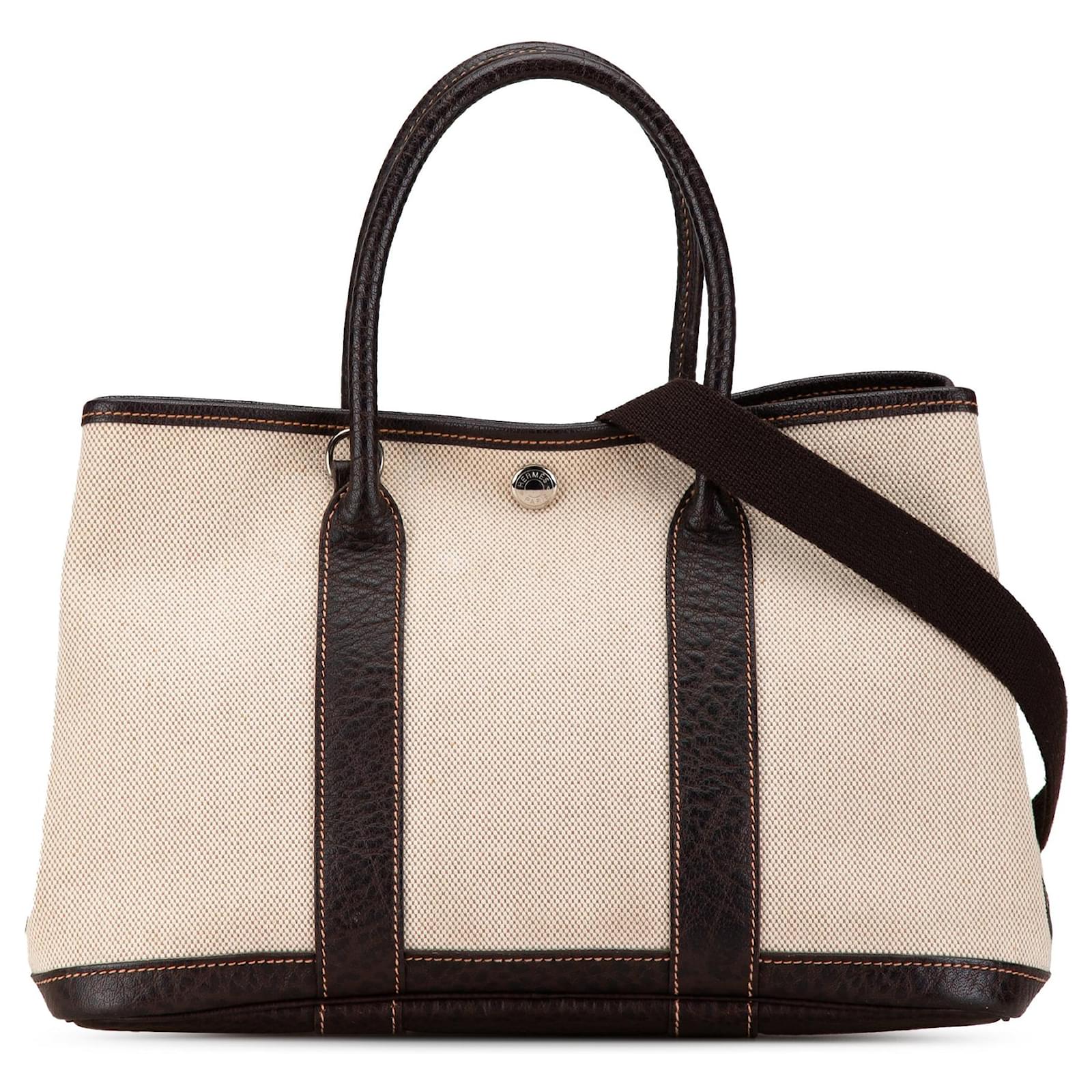 Cream Hermès Toile Garden Party 30 Satchel Leather ref.1663961 - Joli ...