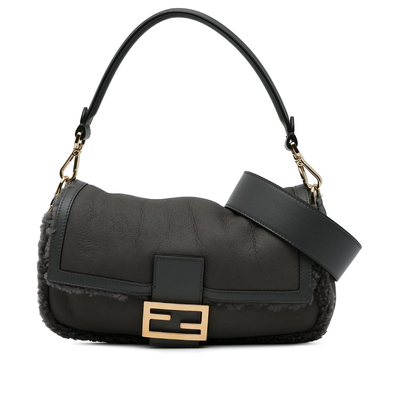 Gray Fendi Shearling Trimmed Leather Baguette Satchel ref.1664046 ...