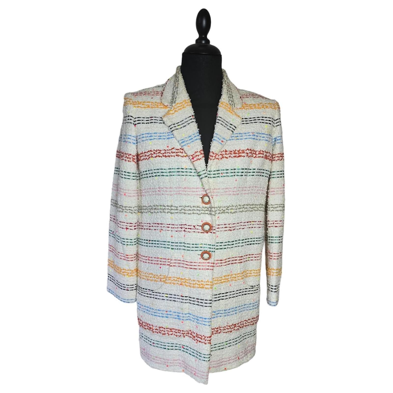 Chanel 19P Runway Oversized Tweed White Striped Long Jacket Coat FR 38 ...