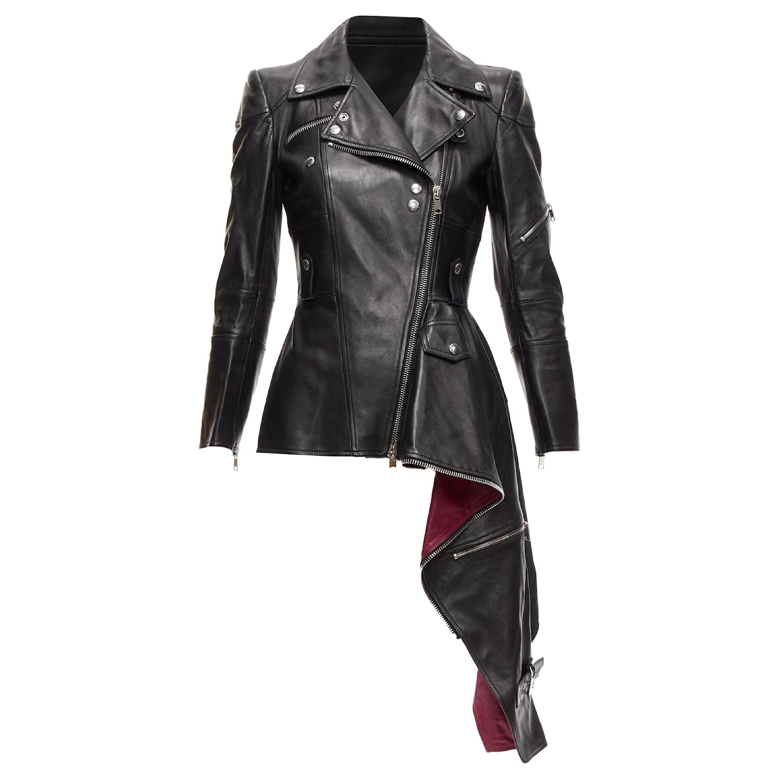 Alexander Mcqueen Runway Black Zip Asymmetric Hem Biker Jacket Leather ...