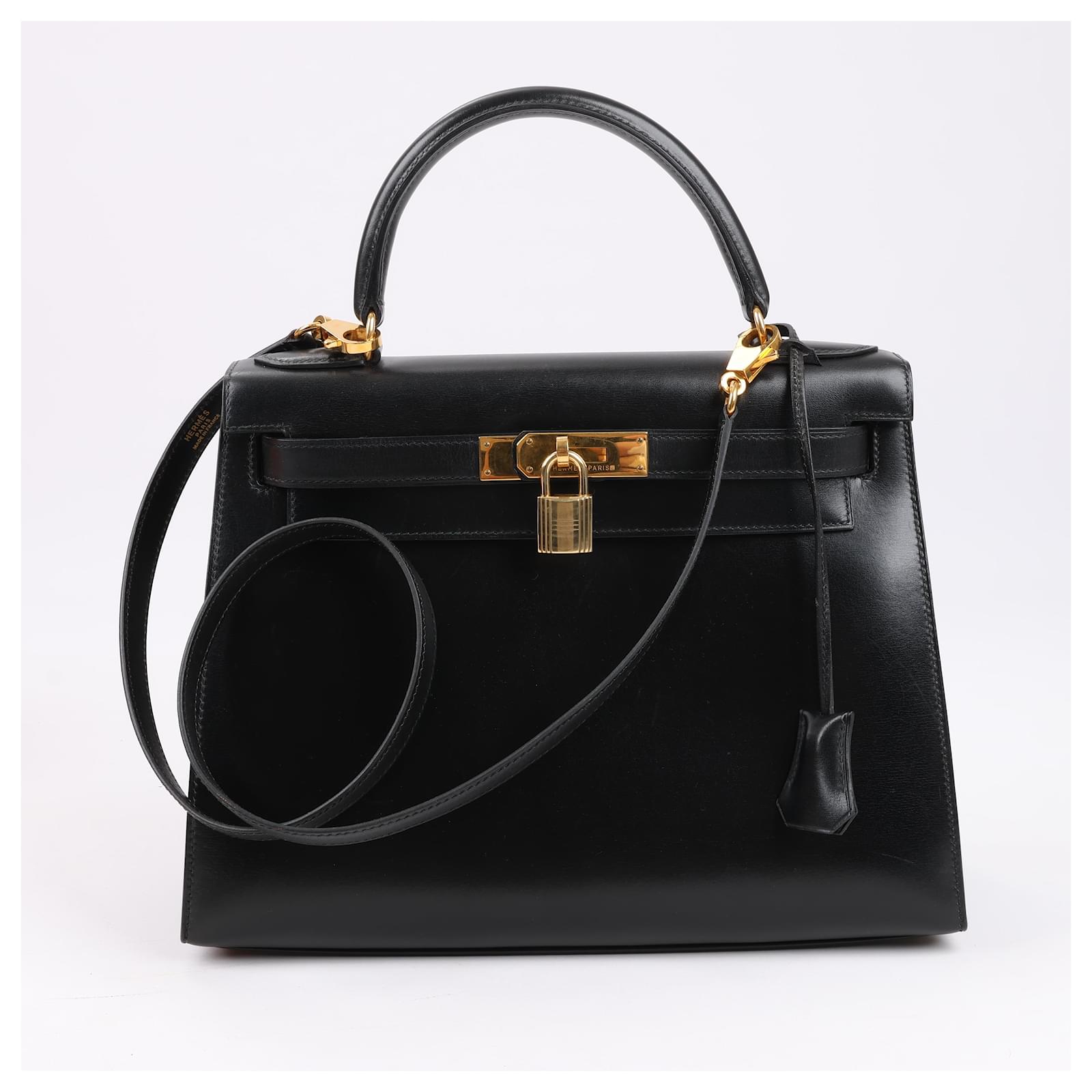 HERMÈS Kelly 28 Box Calf Black Gold Metal Fittings 2Way Handbag Y:1995 ...