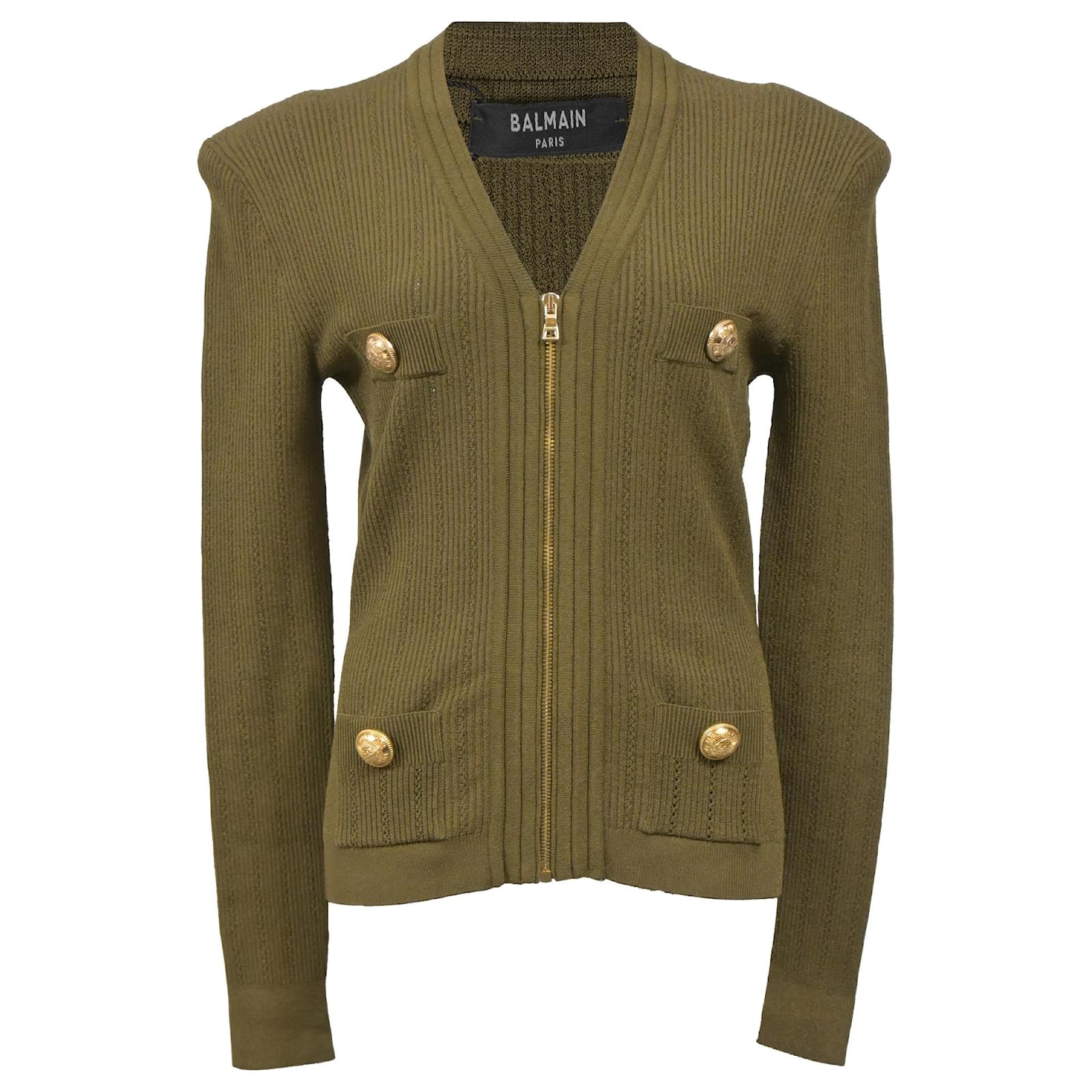 Balmain Zip Cardigan in Olive Green Wool (Sold) - Joli Closet