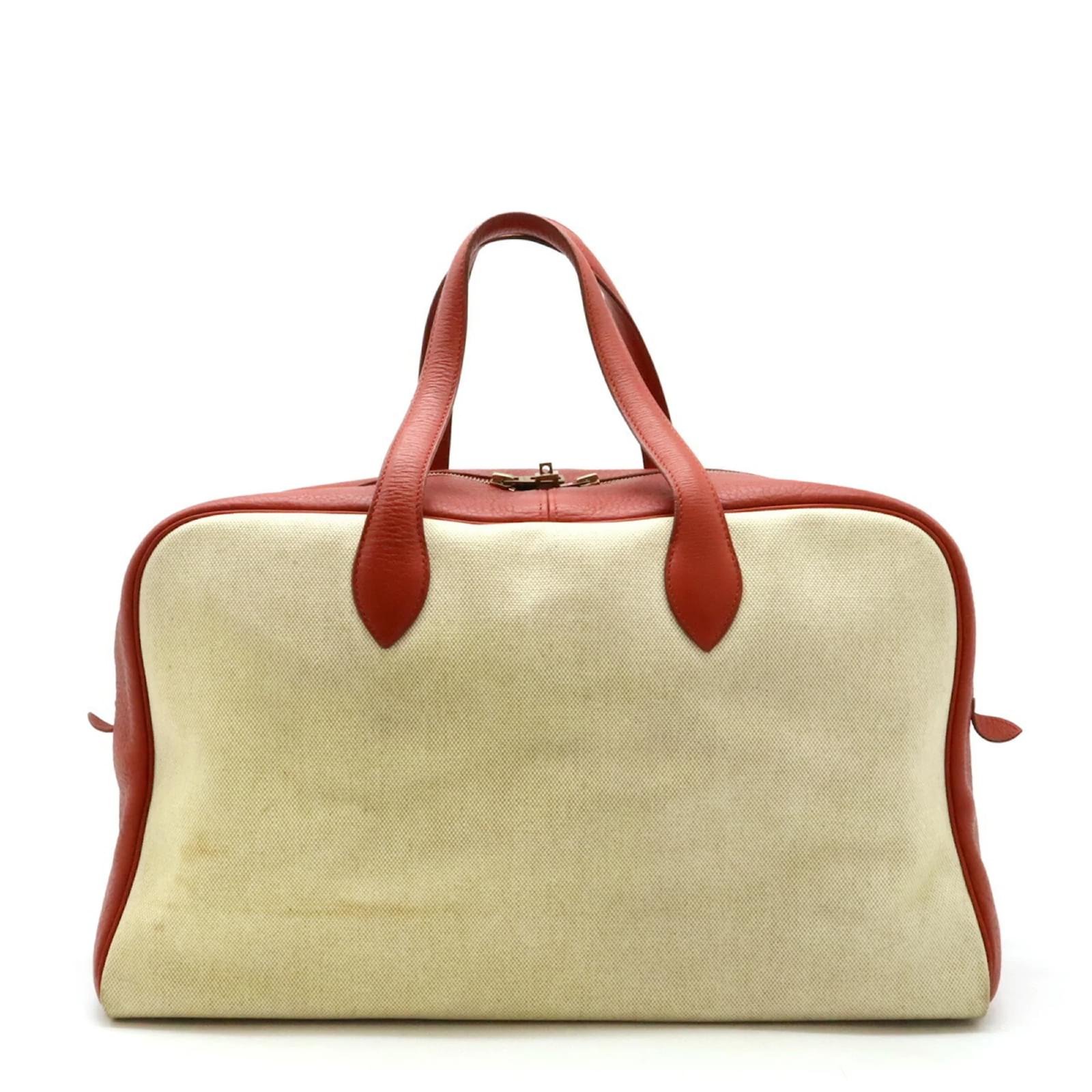 Hermès Hermes Victoria 43 Boston Bag Red Beige Leather Cloth ref ...