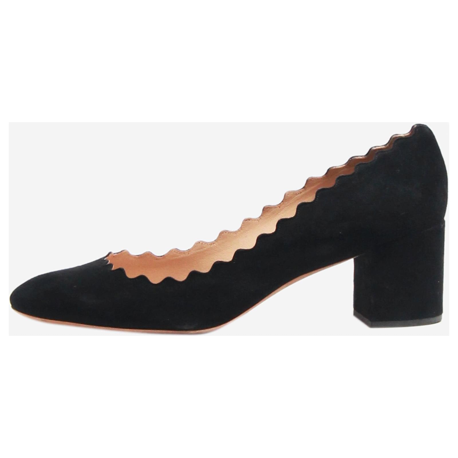 Chloé Black scalloped edge block heel pumps - size EU 37.5 Suede ref ...
