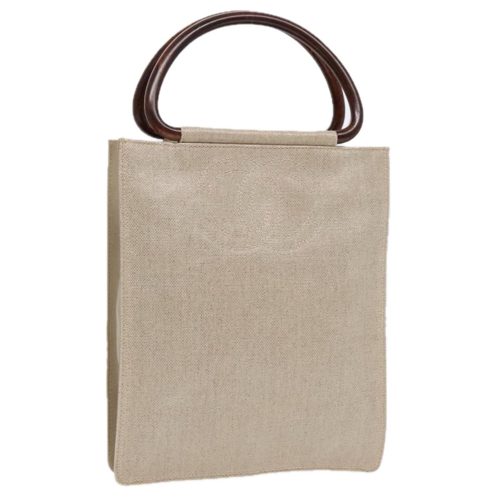 CHANEL Wood Hand Bag Coated Canvas Beige Gold CC Auth 90835 Golden ...