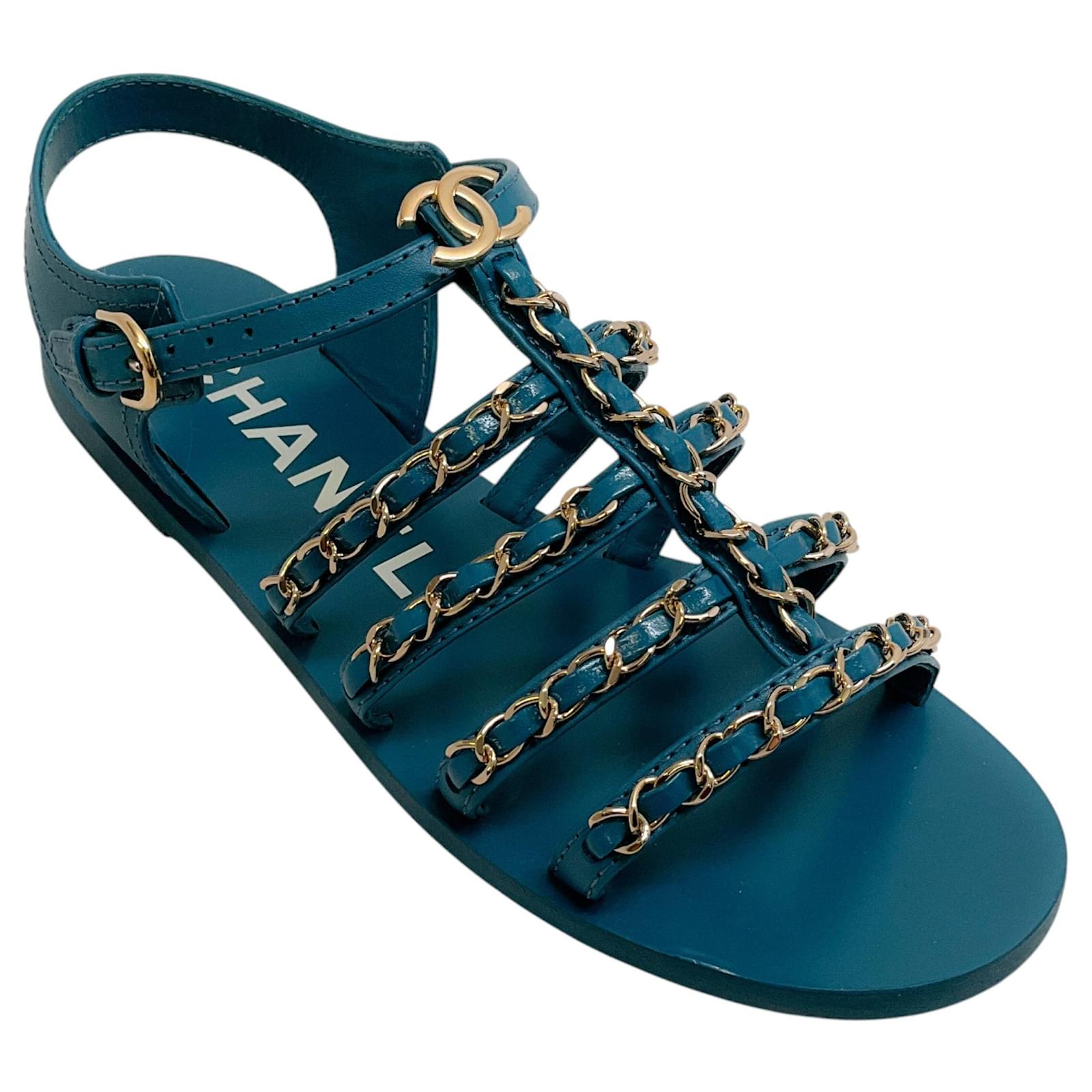 Chanel Teal Leather Flat Gladiator Sandals with Chain Blue ref.1677766 ...