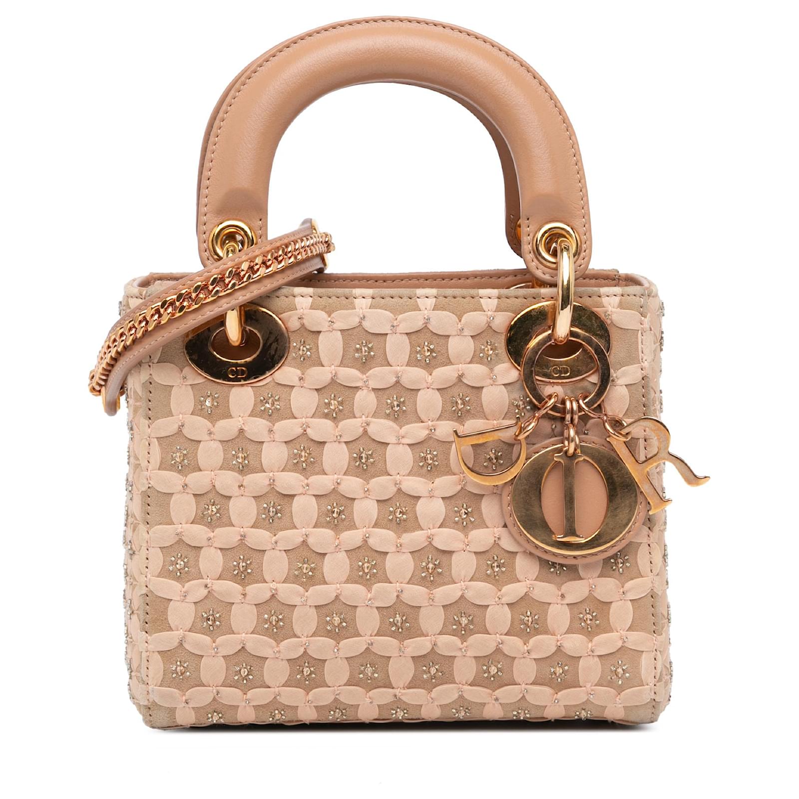 Dior Brown Mini Suede Beaded Ribbon Lady Dior Beige Leather ref.1682418 ...