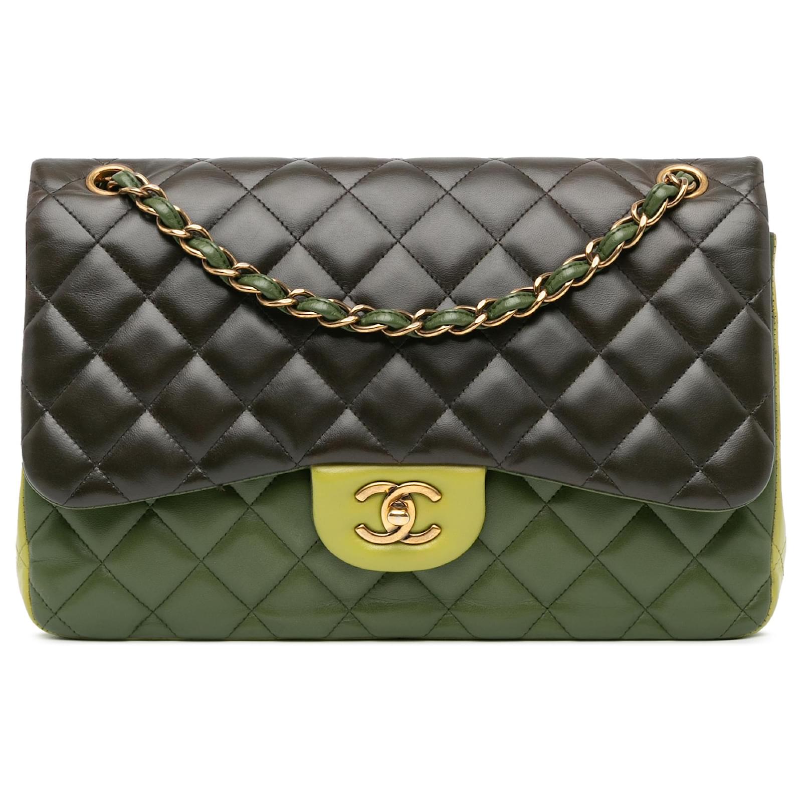 Chanel Green Jumbo Classic Tricolor Lambskin Double Flap Dark green ...