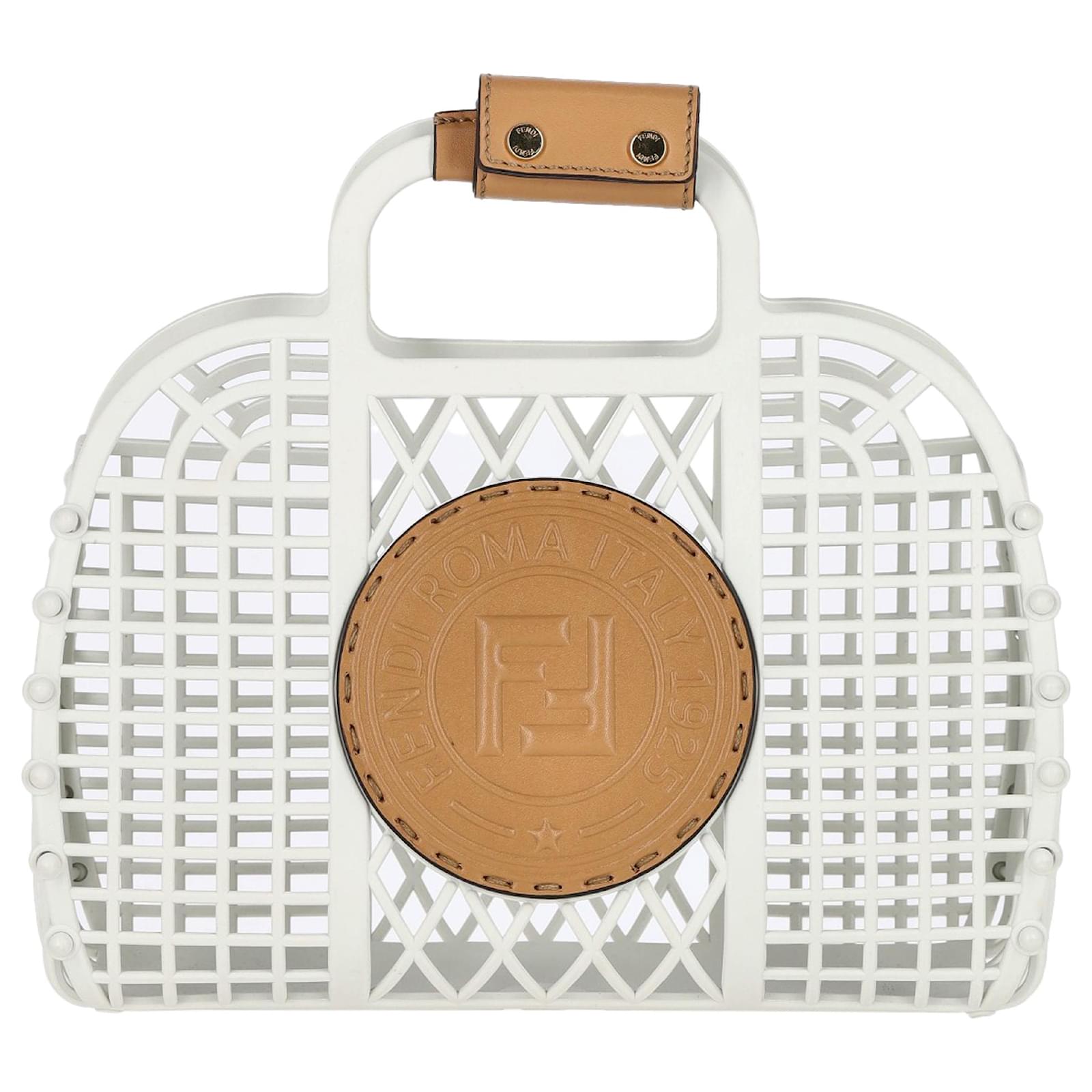 Fendi Small FF Logo Stamp Basket Tote Bag in White PVC Brown Red ...