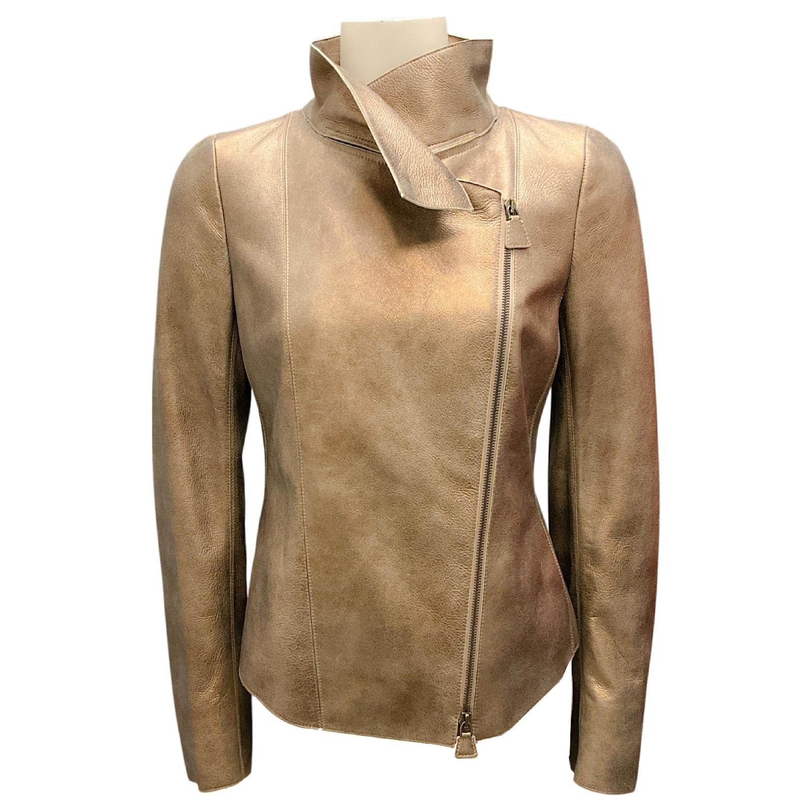 Akris Bronze Metallic Moto Zip Lambskin Leather Jacket ref.1700478 ...