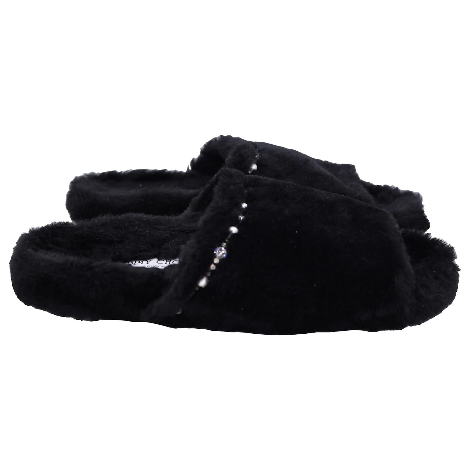 Jimmy Choo Acinda Shearling Crystal-Trimmed Slides in Black Nylon Fur ...